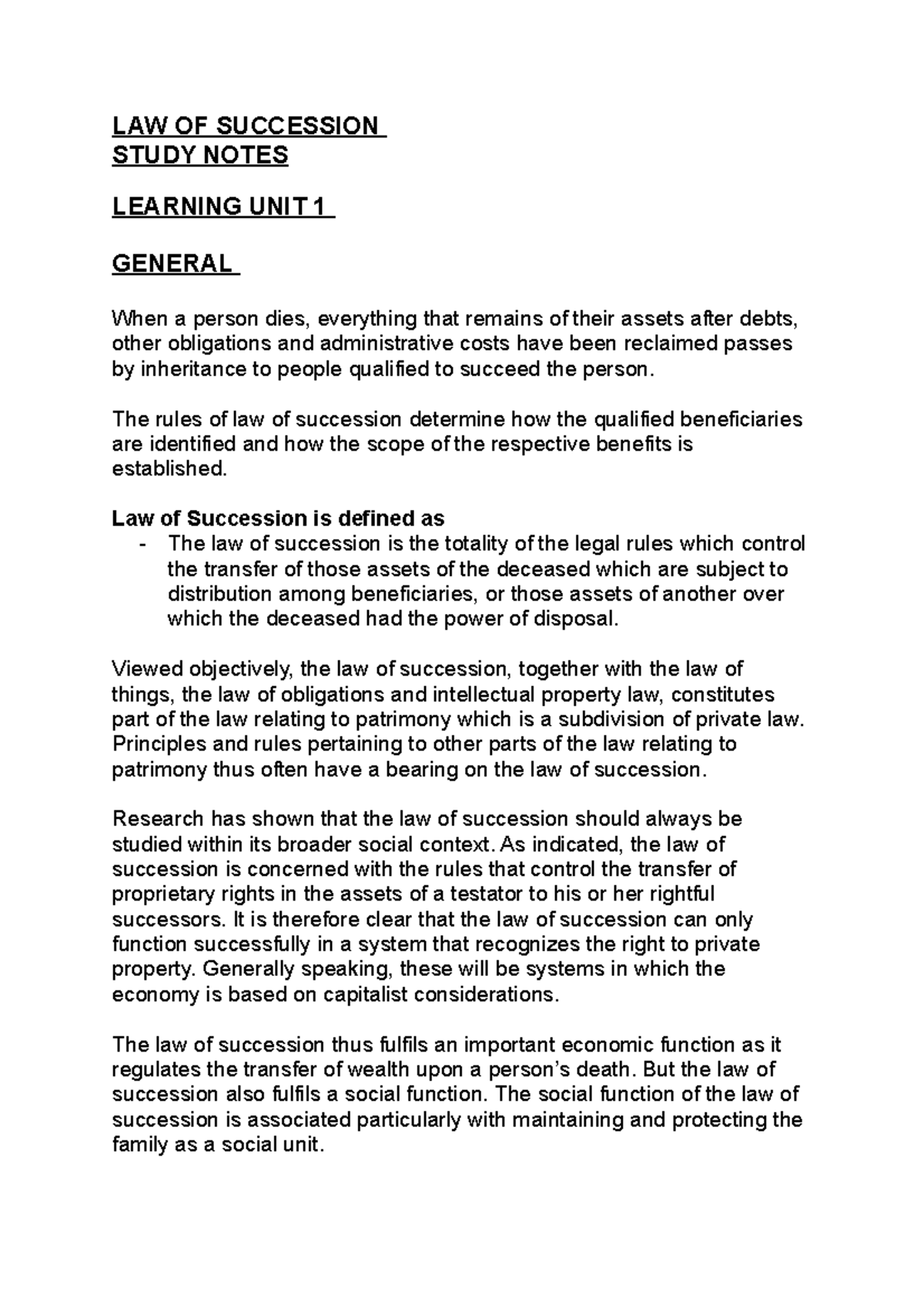 LAW OF Succession study notes - LAW OF SUCCESSION STUDY NOTES LEARNING ...