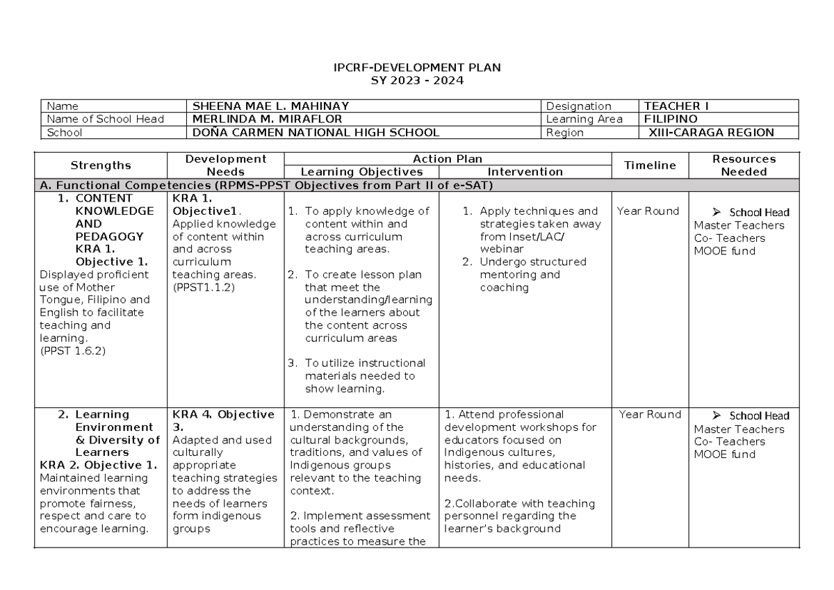 IDP-2023-2024 - FOR TEACHERS - IPCRF-DEVELOPMENT PLAN SY 2023 - 2024 ...