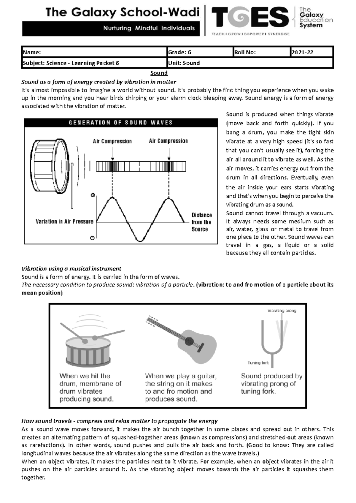 21-22 LP 6 - Sound - Work - Name: Grade: 6 Roll No: 2021- Subject ...