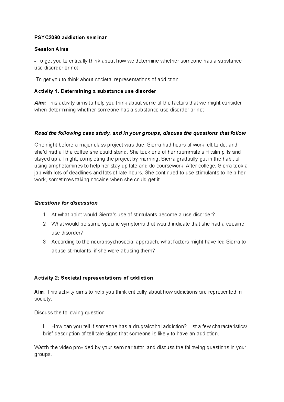 Student handout Addiction - PSYC2090 addiction seminar Session Aims To ...