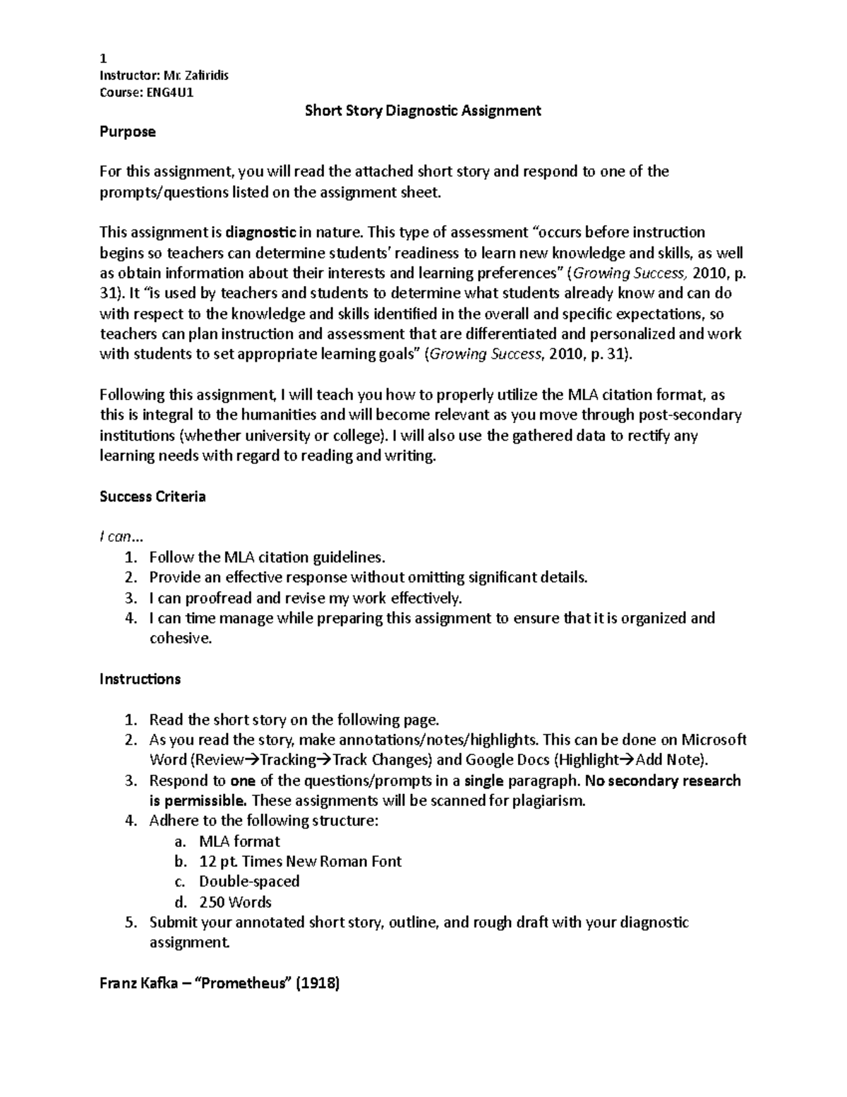 Short Story Diagnostic (ENG4U1) - Instructor: Mr. Zafiridis Course ...