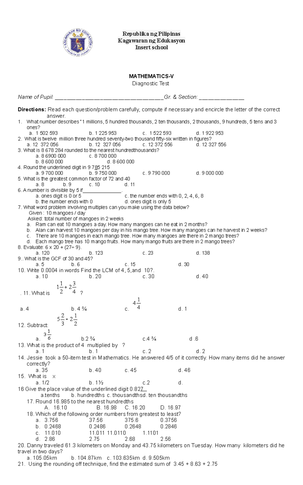 PRE-TEST Mathematics 5 - Republika ng Pilipinas Kagawaran ng Edukasyon ...