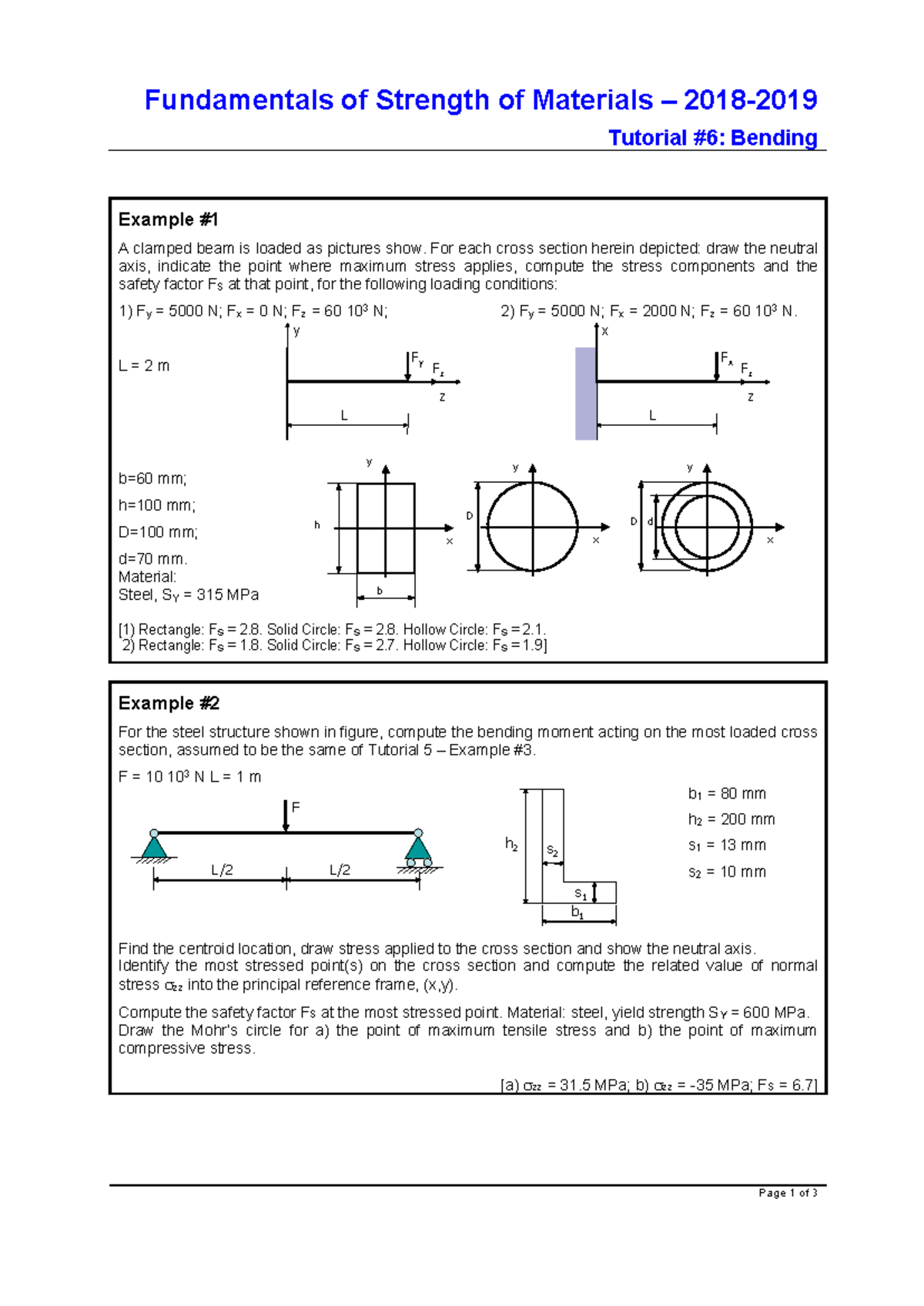 Tutorial 6 - Bending - Fundamentals of Strength of Materials – 2018 ...