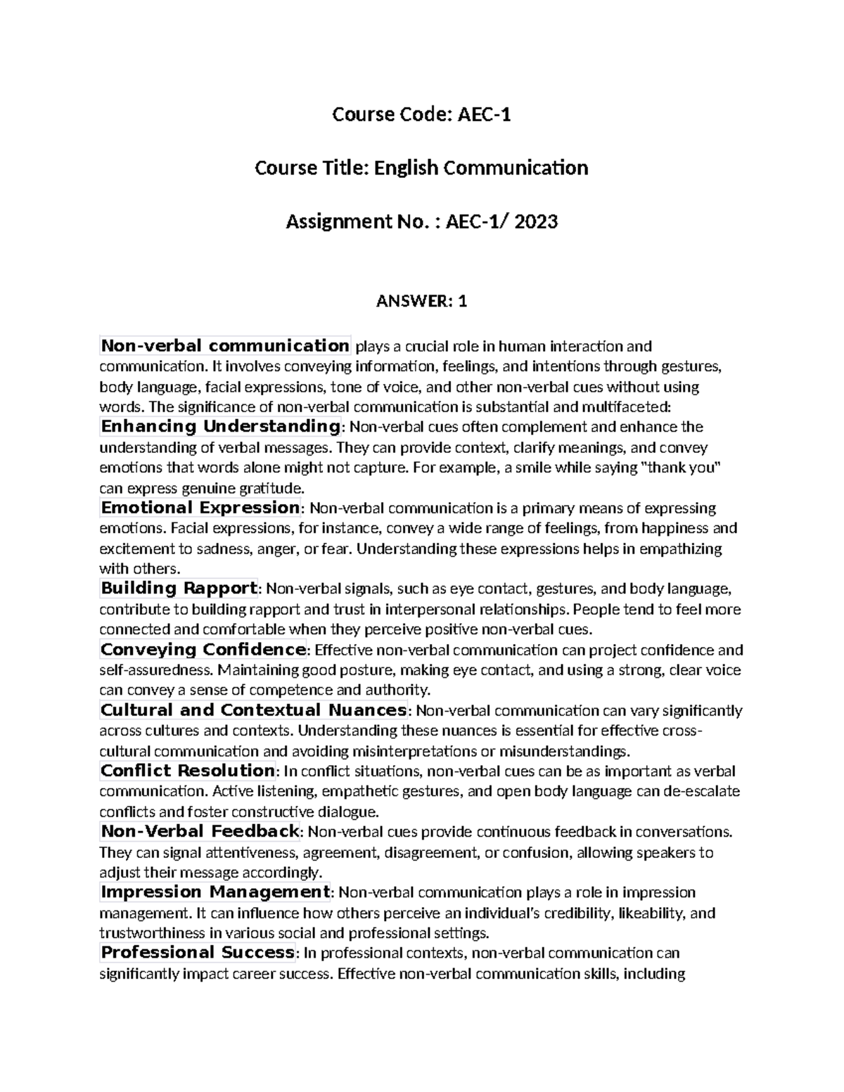 AEC - 1 - GOOD FOR THIS NOTES - Course Code: AEC- Course Title: English ...