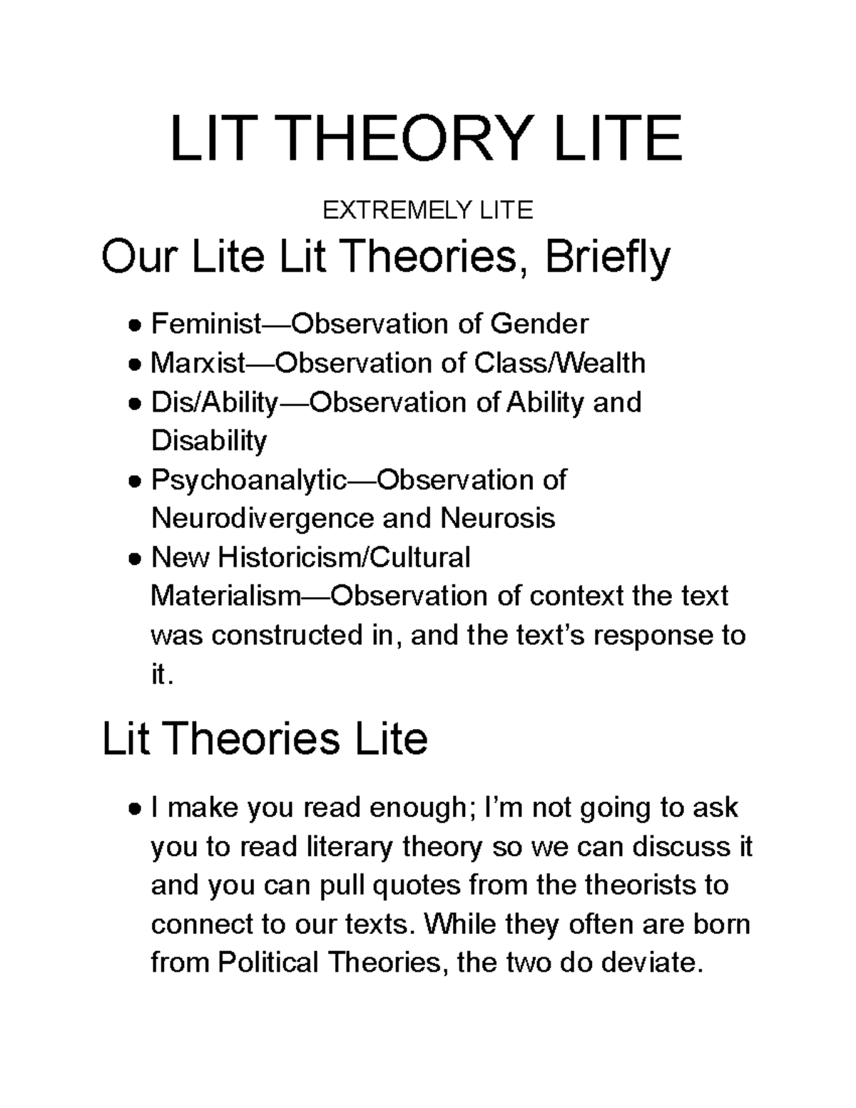 Lit Theory - Notes - LIT THEORY LITE EXTREMELY LITE Our Lite Lit ...