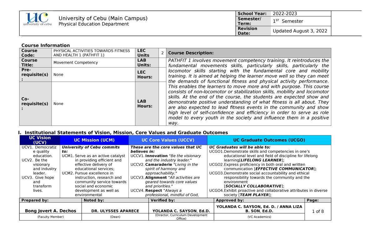 NEW OBTL Format PE 101 - A course syllabus for PE subject - University ...
