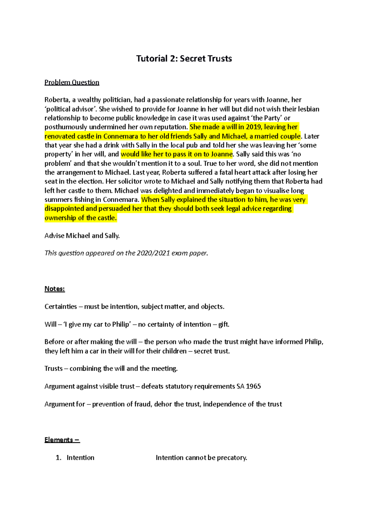 Tutorial 2 - Secret Trusts - Tutorial 2: Secret Trusts Problem Question Roberta, a wealthy - Studocu