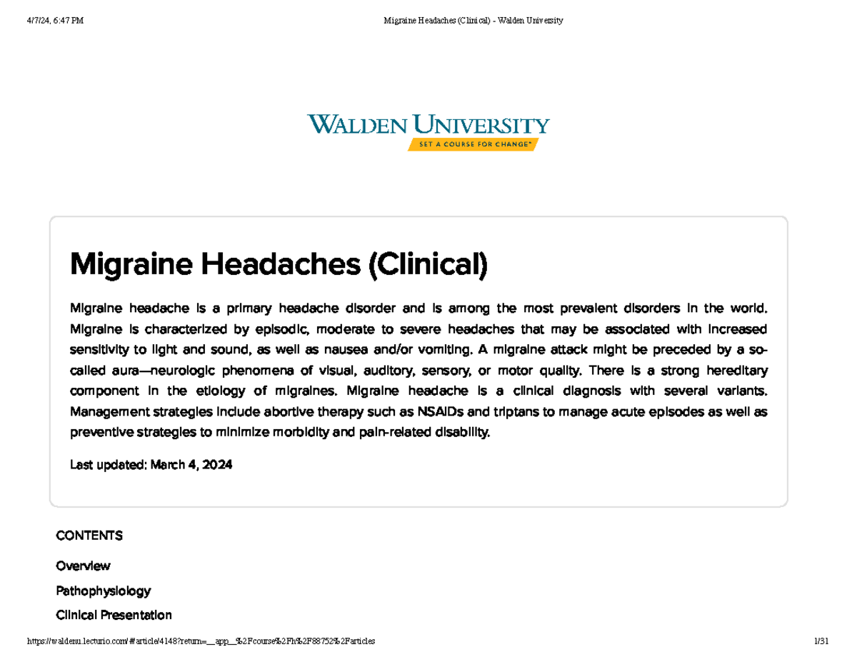 Migraine Headaches (Clinical) - Walden University - Migraine Headaches ...
