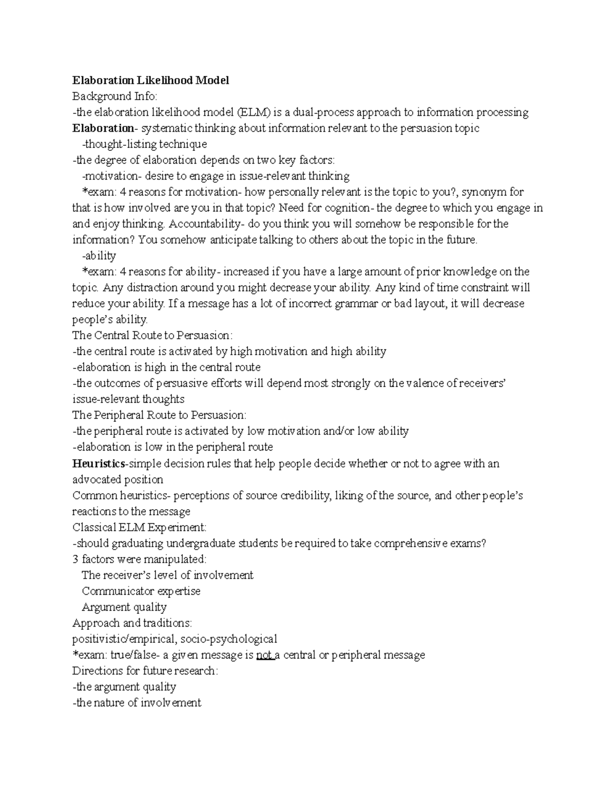comm 352 lecture notes - Elaboration Likelihood Model Background Info ...