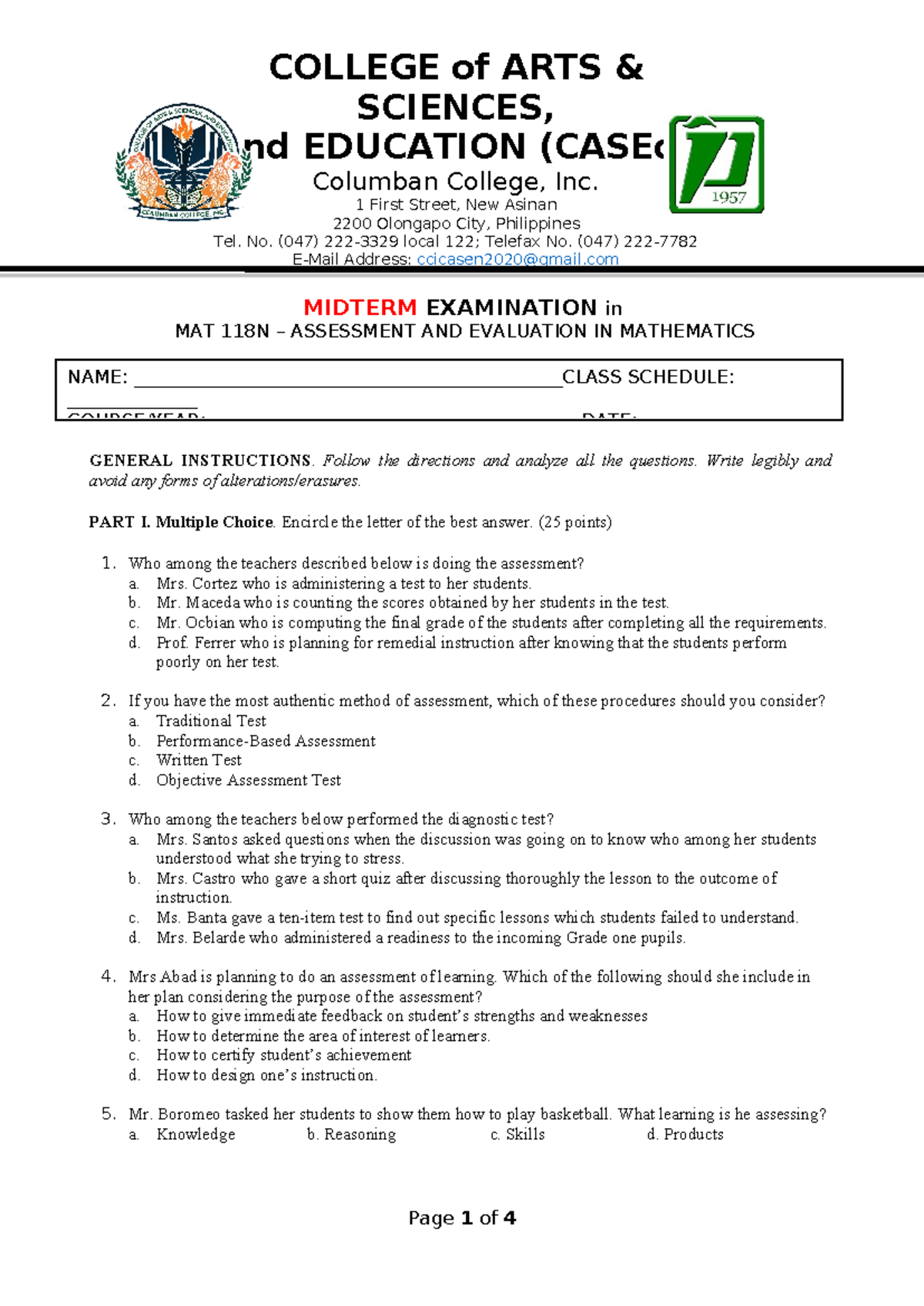 Midterm in MAT 118N - MIDTERM EXAMINATION in MAT 118N – ASSESSMENT AND ...