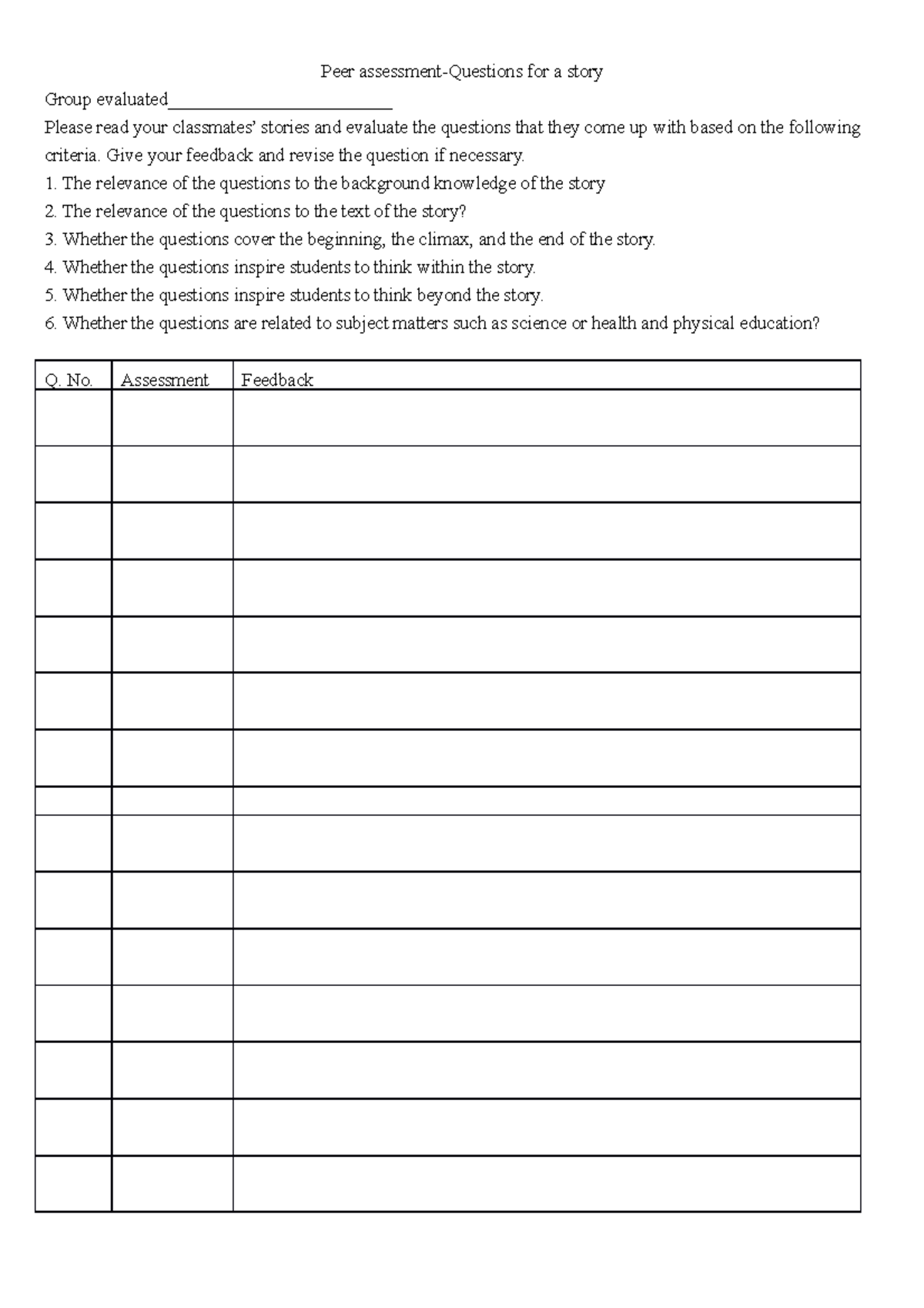TEaching-Storytelling-Peer assessment-questions - Peer assessment ...