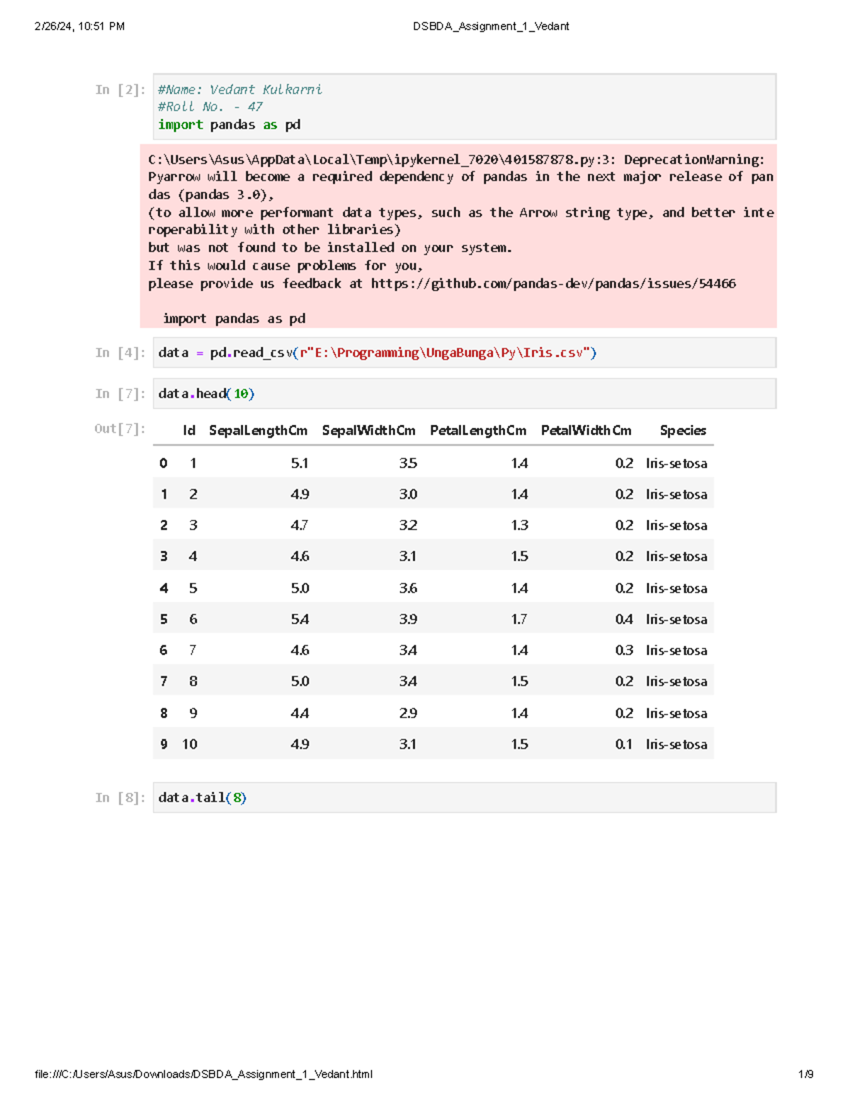 Dsbda Assignment 1 Vedant - #Name: Vedant Kulkarni #Roll No. - 47 import pandas as pd - Studocu