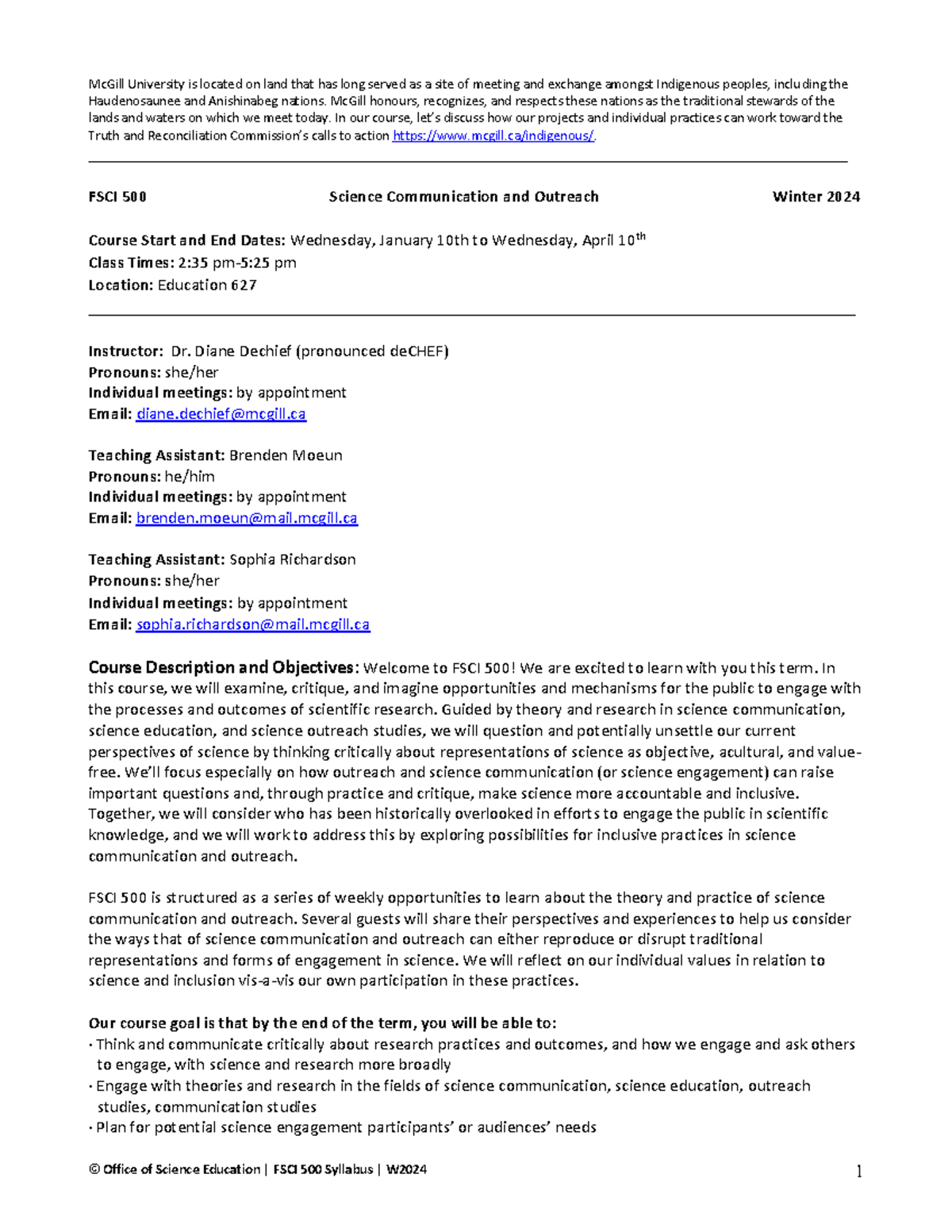 FSCI 500 Syllabus and schedule W2024 Dec 15 - Copy - McGill University ...