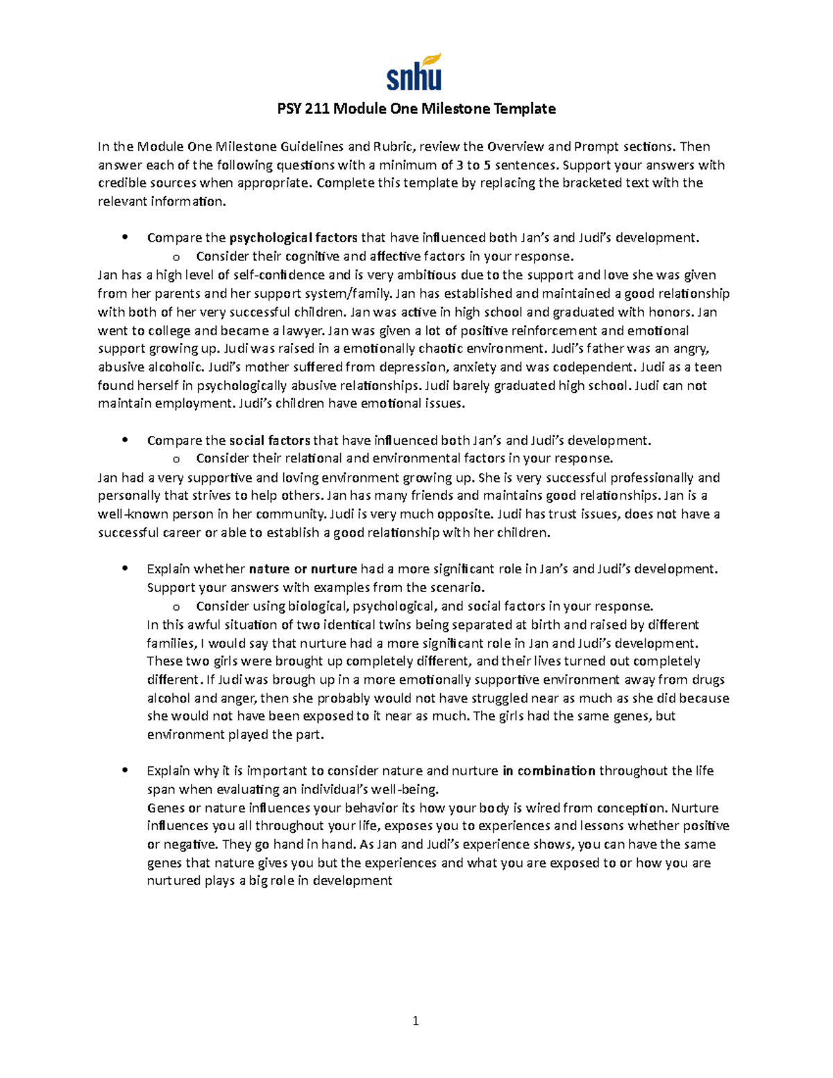 PSY 211 Module One Milestone Template - Then answer each of the ...