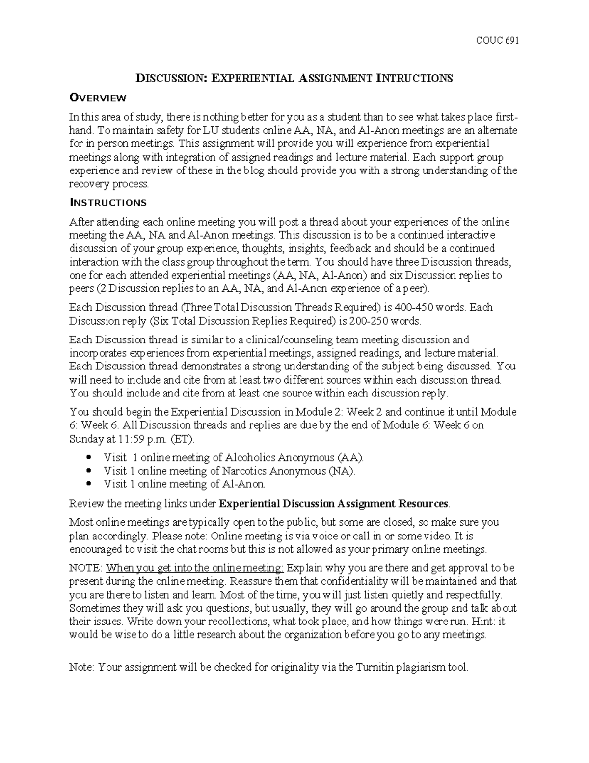 Discussion Experiential Assignment Instructions - COUC 691 DISCUSSION ...