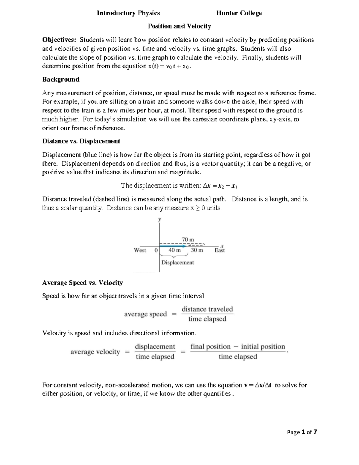 Lab 1 Position and Velocity - Introductory Physics Hunter College ...
