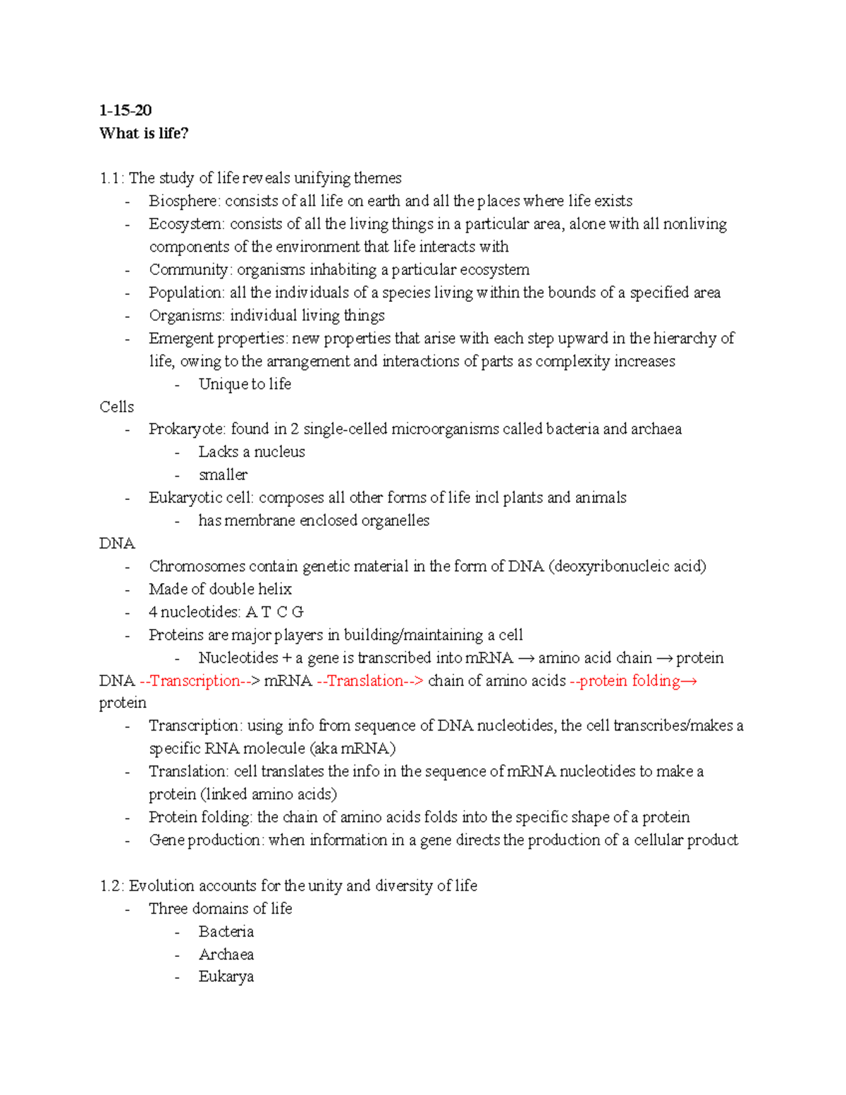 Exam 1 notes - 1-15- What is life? 1: The study of life reveals ...