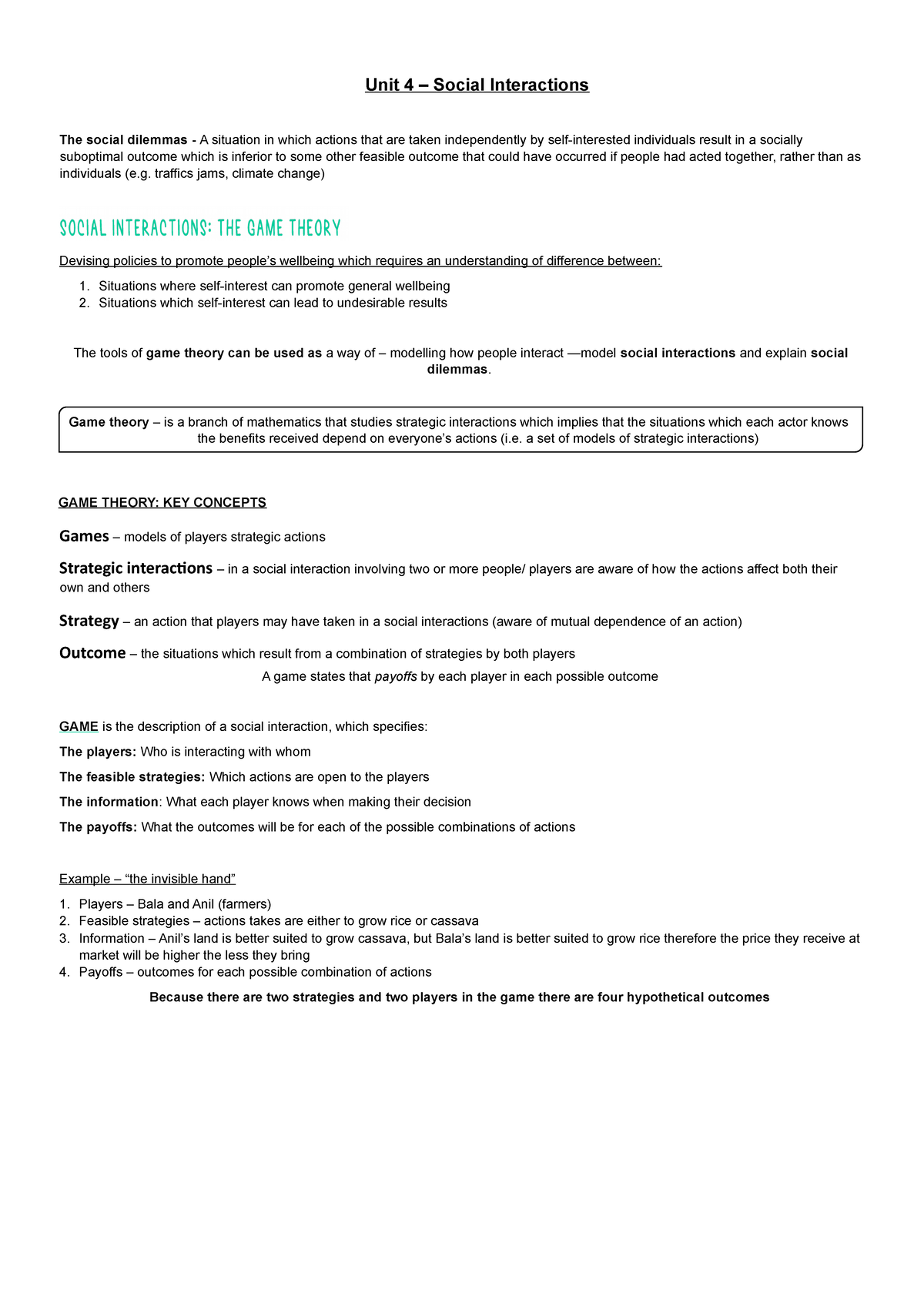 Economics Notes 4-8 - Unit 4 – Social Interactions The social dilemmas ...