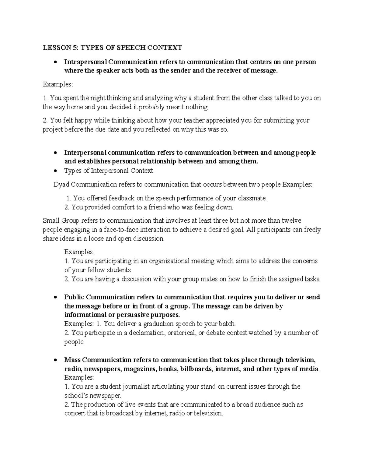 Lesson 5-7 Handouts ORAL COMM - LESSON 5: TYPES OF SPEECH CONTEXT ...