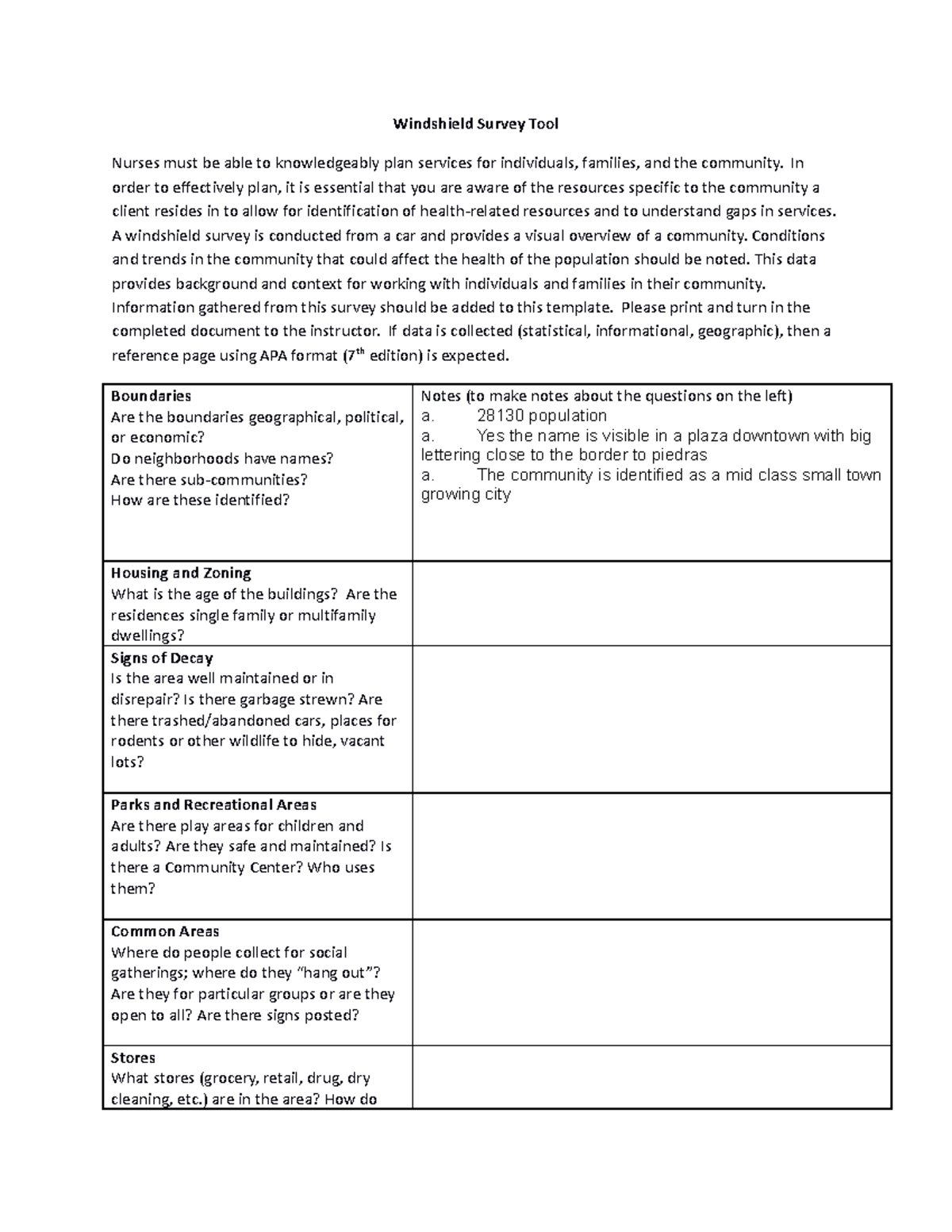 Windshield Survey Tool for Community Assessment - Studocu