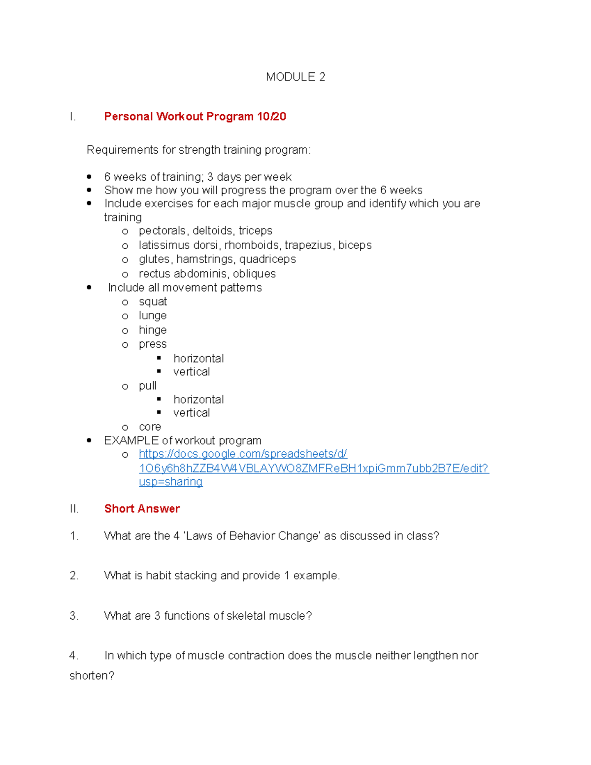 Module 2 - yeah - MODULE 2 I. Personal Workout Program 10/ Requirements ...