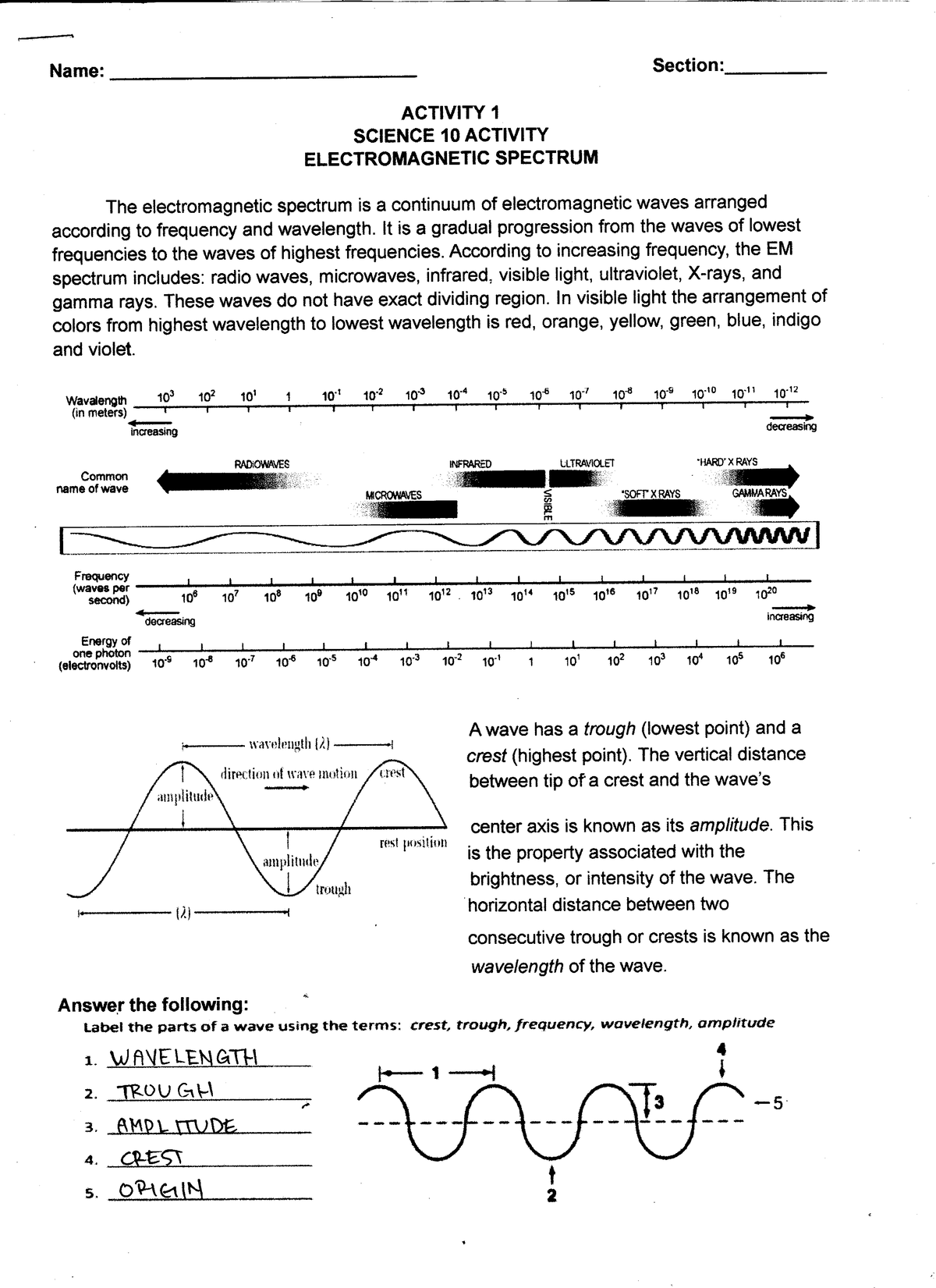 Scan 20241009 - nothing - Name: Section: ACTIVITY 1 SCIENCE 10 ACTIVITY ...