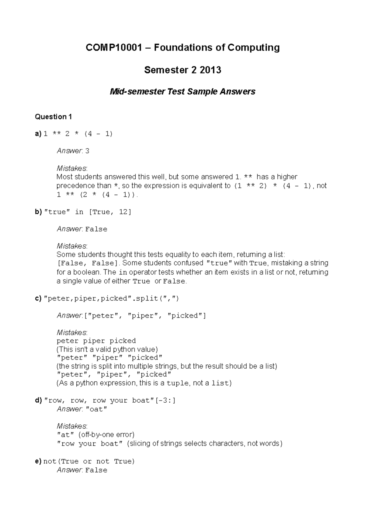 Sample Exam Sem 2, 2013 Answers.pdf - COMP10001 – Foundations of ...