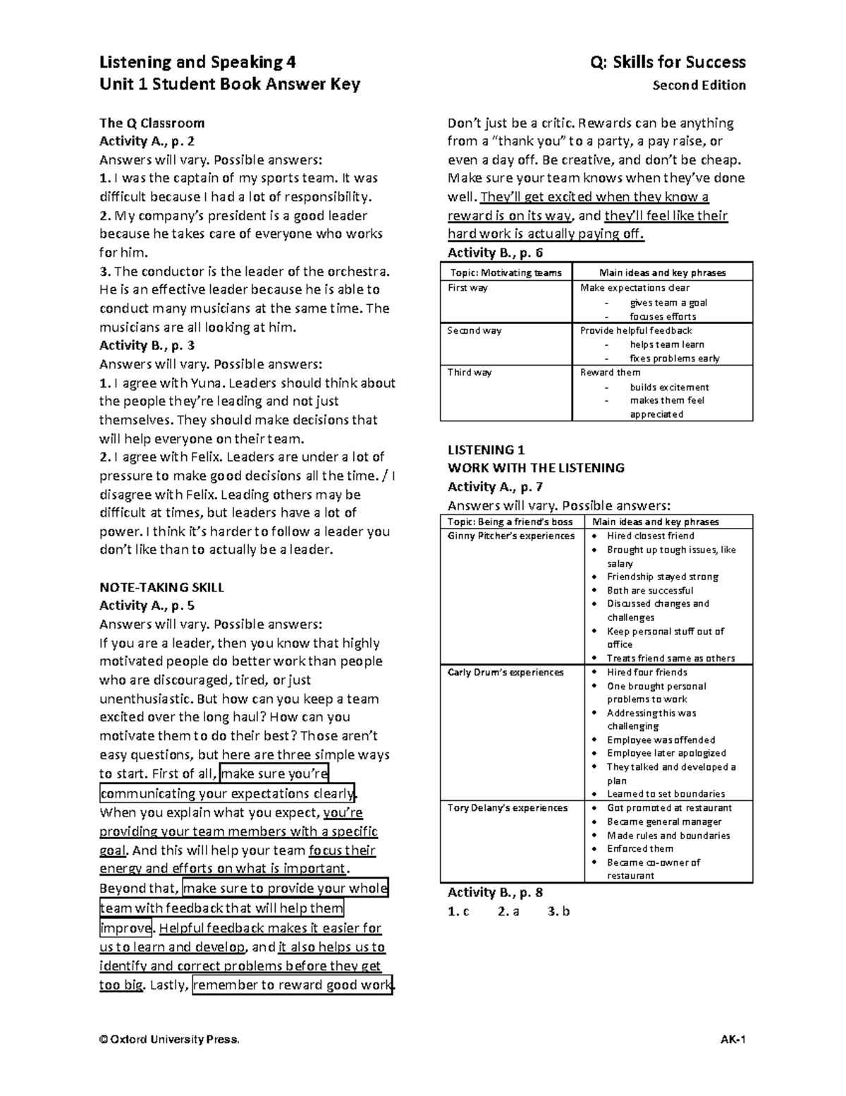 Answer Key unit 1 - jjj - Listening and Speaking 4 Q: Skills for ...