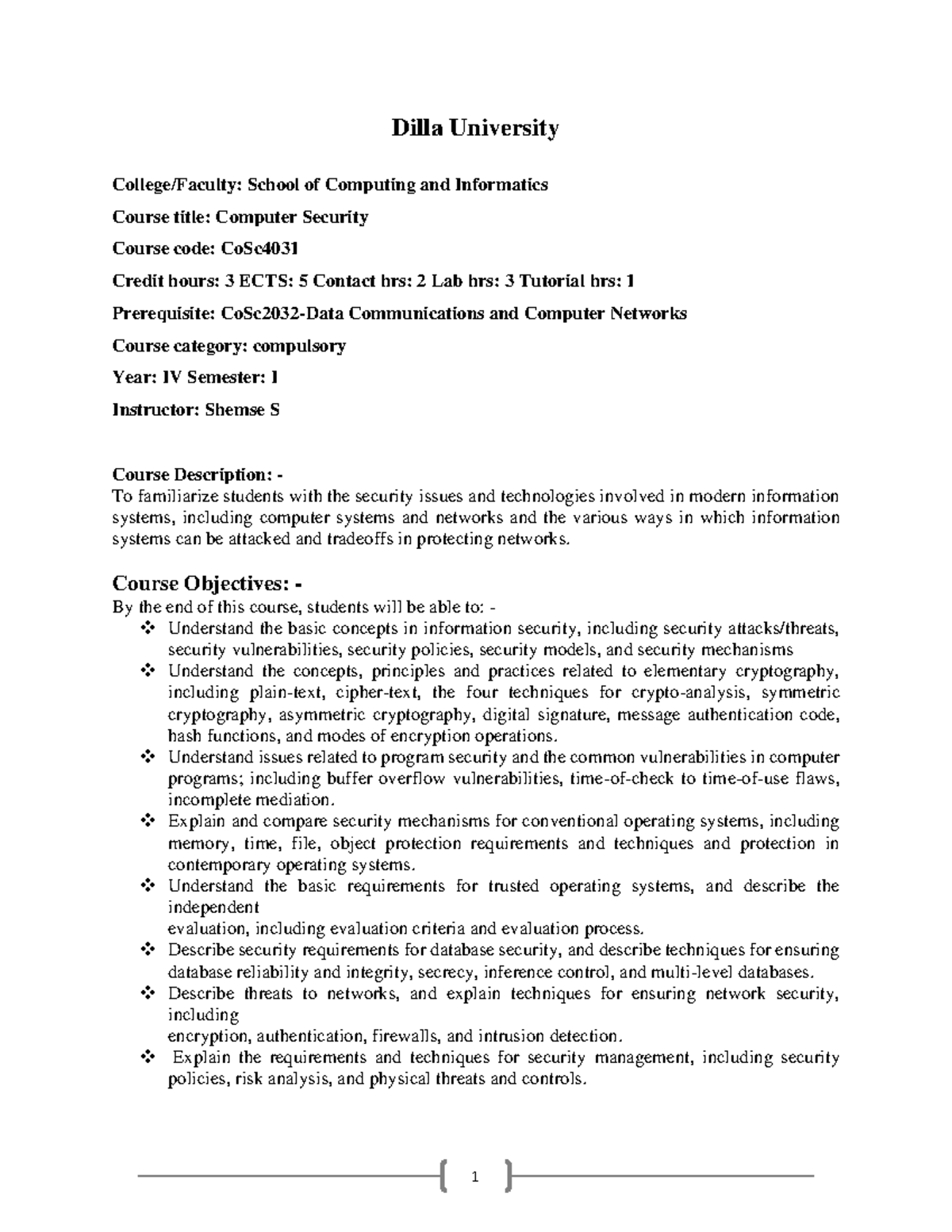 Computer Security Course Outline - Dilla University College/Faculty: School of Computing and ...