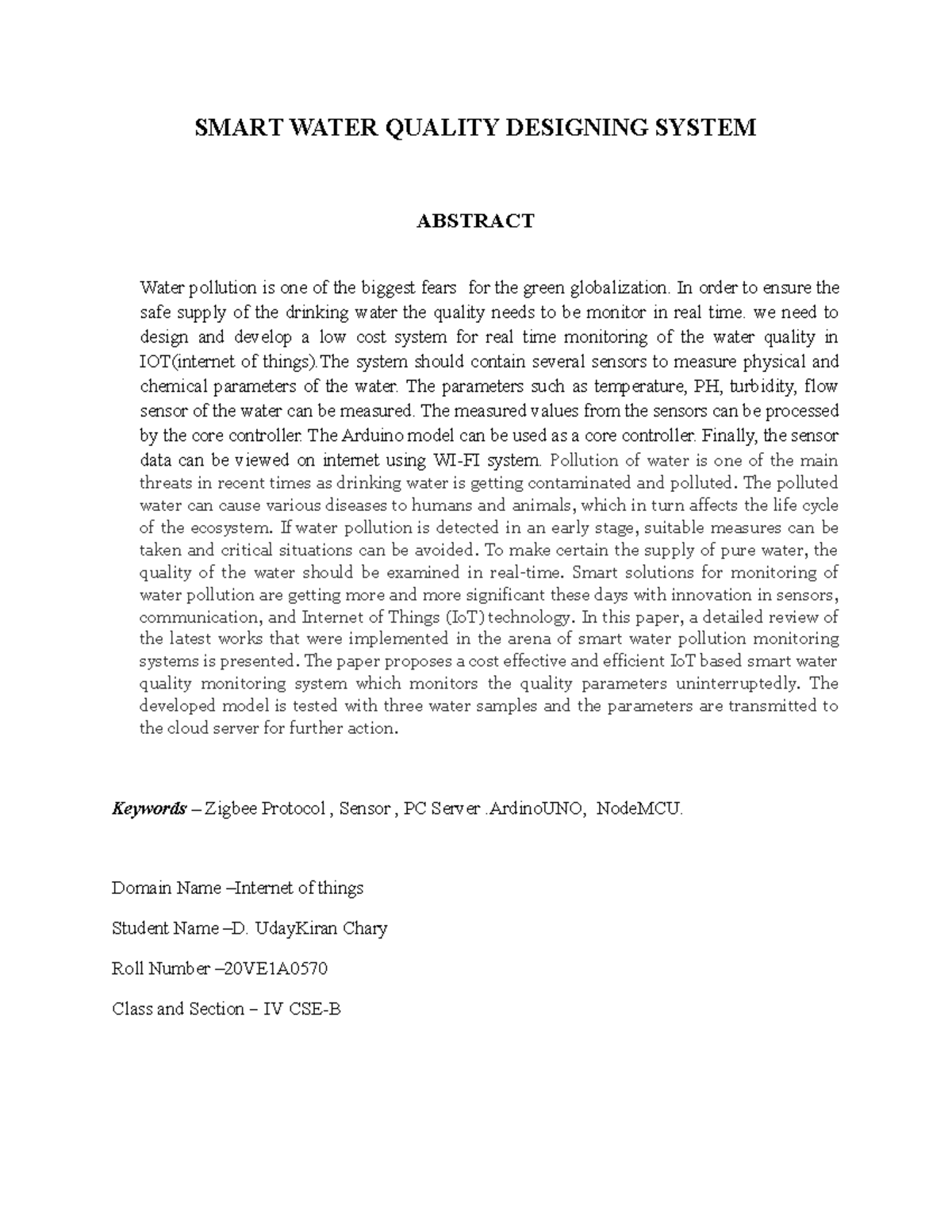 Technical seminar 570 - SMART WATER QUALITY DESIGNING SYSTEM ABSTRACT ...