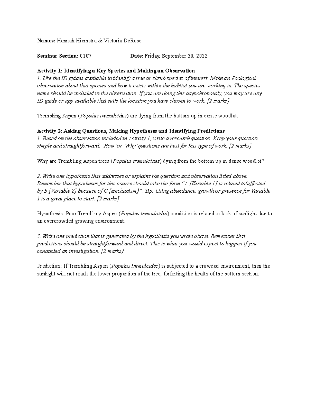BIOL1070 Seminar 3 - Names: Hannah Hiemstra & Victoria DeRose Seminar ...