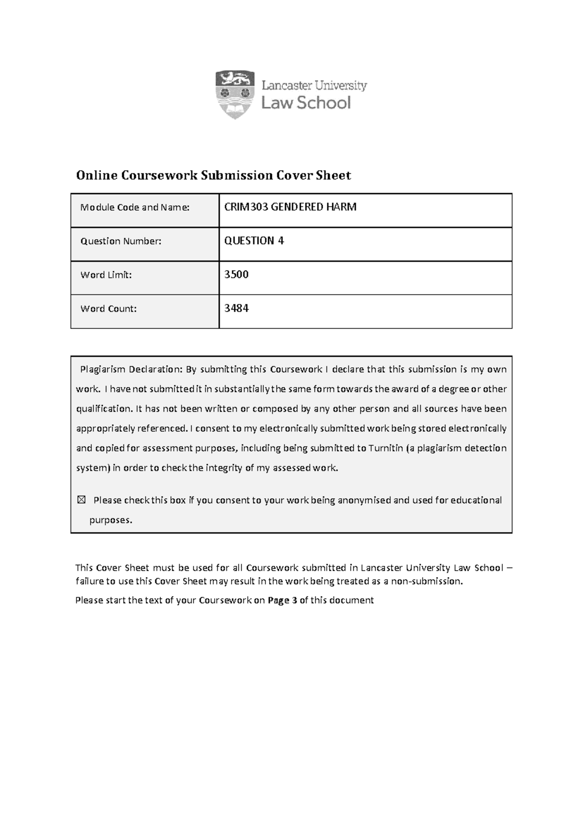 A+ Gendered HARM Final - “Online Coursework Submission Cover Sheet ...