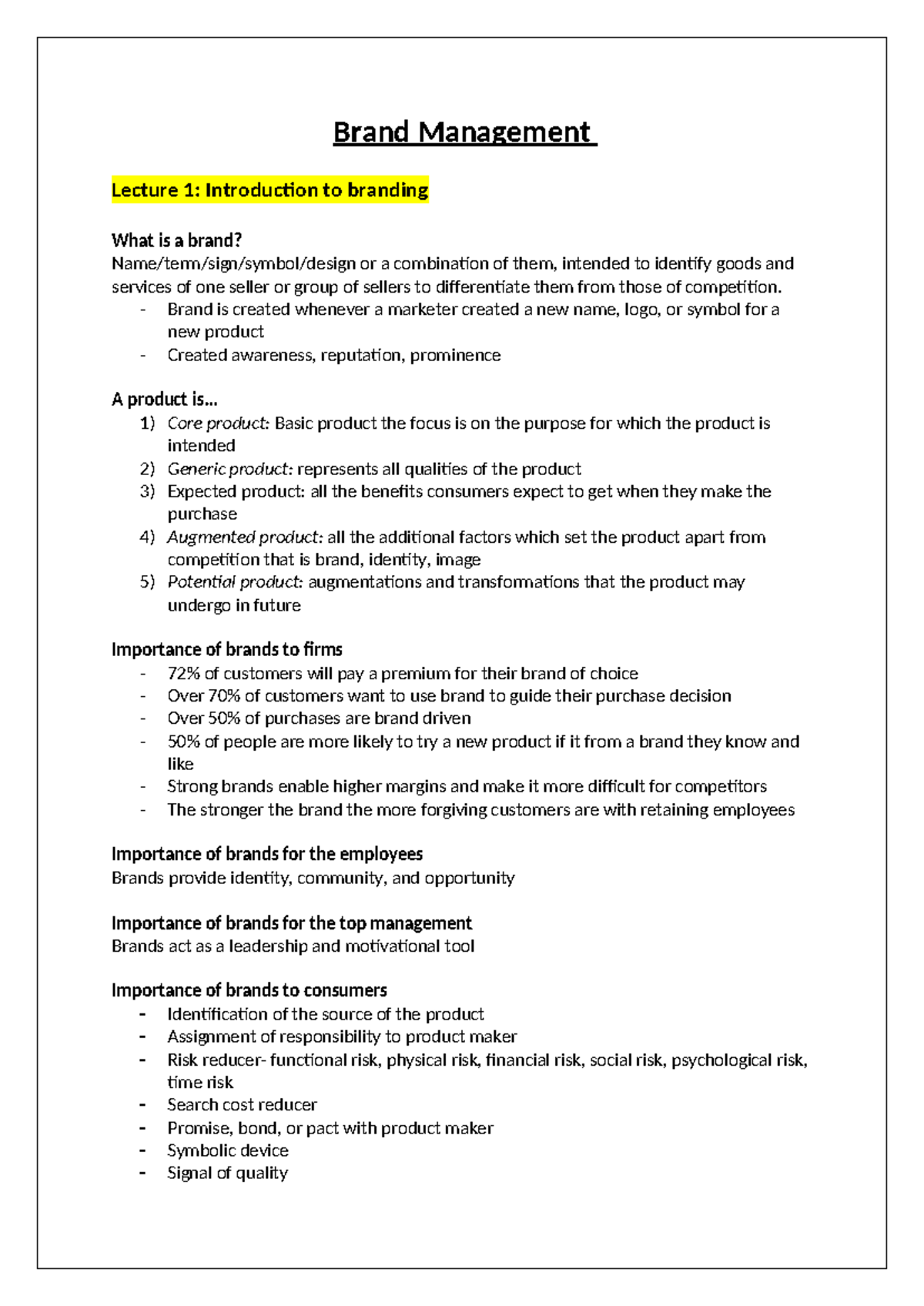 Lecture - Brand Management Lecture 1: Introduction to branding What is ...