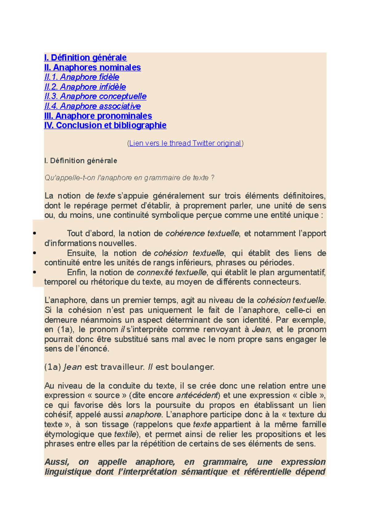 Article l' anaphore et la cataphore - I. Définition générale II ...