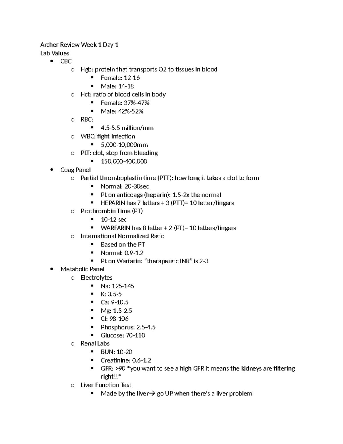 Archer Review Week 1 Day 1 - Archer Review Week 1 Day 1 Lab Values CBC ...