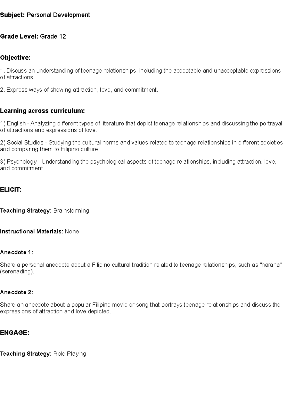 Perdev - love - Subject: Personal Development Grade Level: Grade 12 ...
