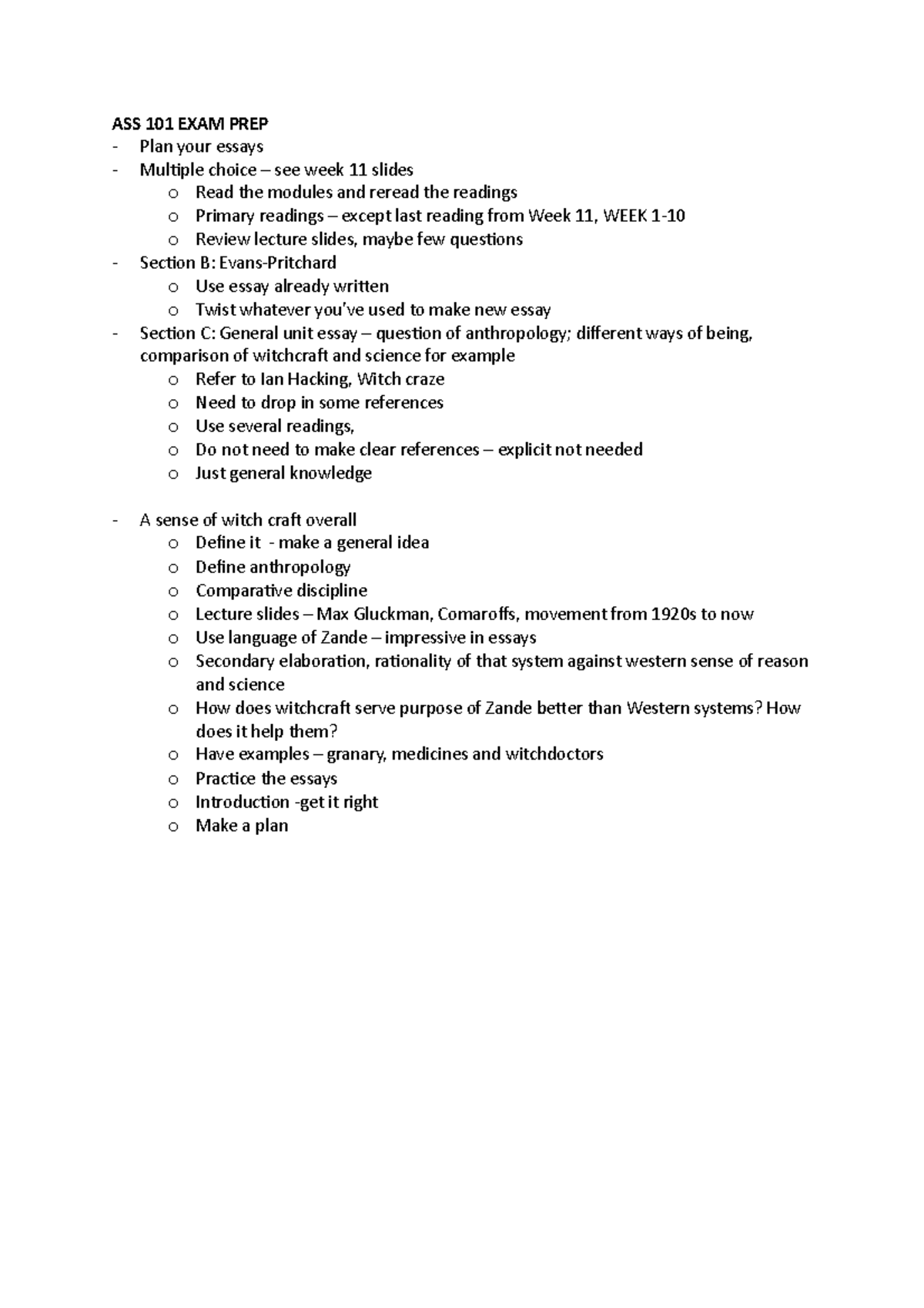 ASS 101 EXAM PREP - Checklist for exam prep for each sections - ASS 101 ...