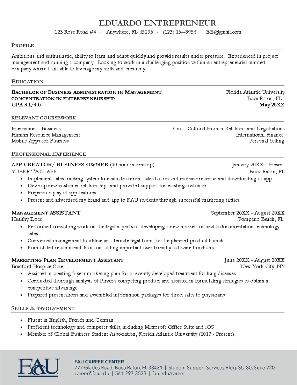 Business Resume - ent - EDUARDO ENTREPRENEUR 123 Rose Road #4 Anywhere ...