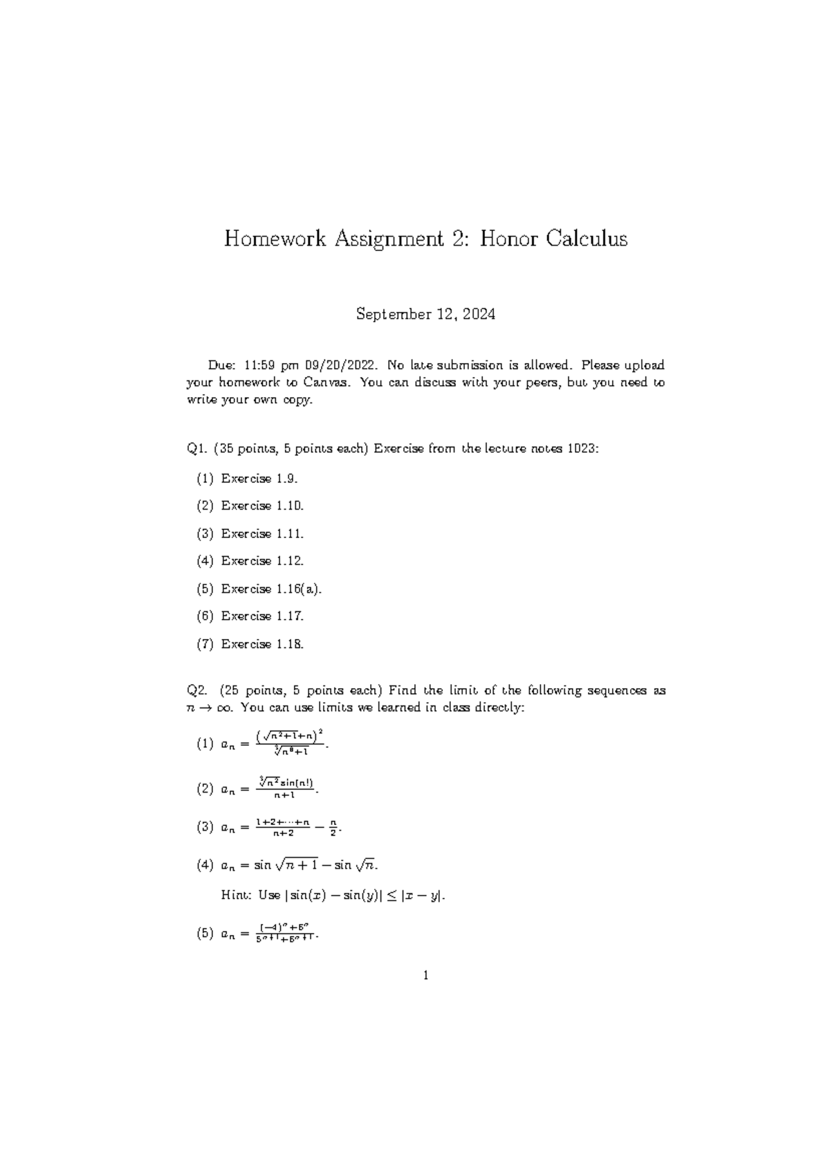 HW2-Honor calculus - Homework Assignment 2: Honor Calculus September 12 ...