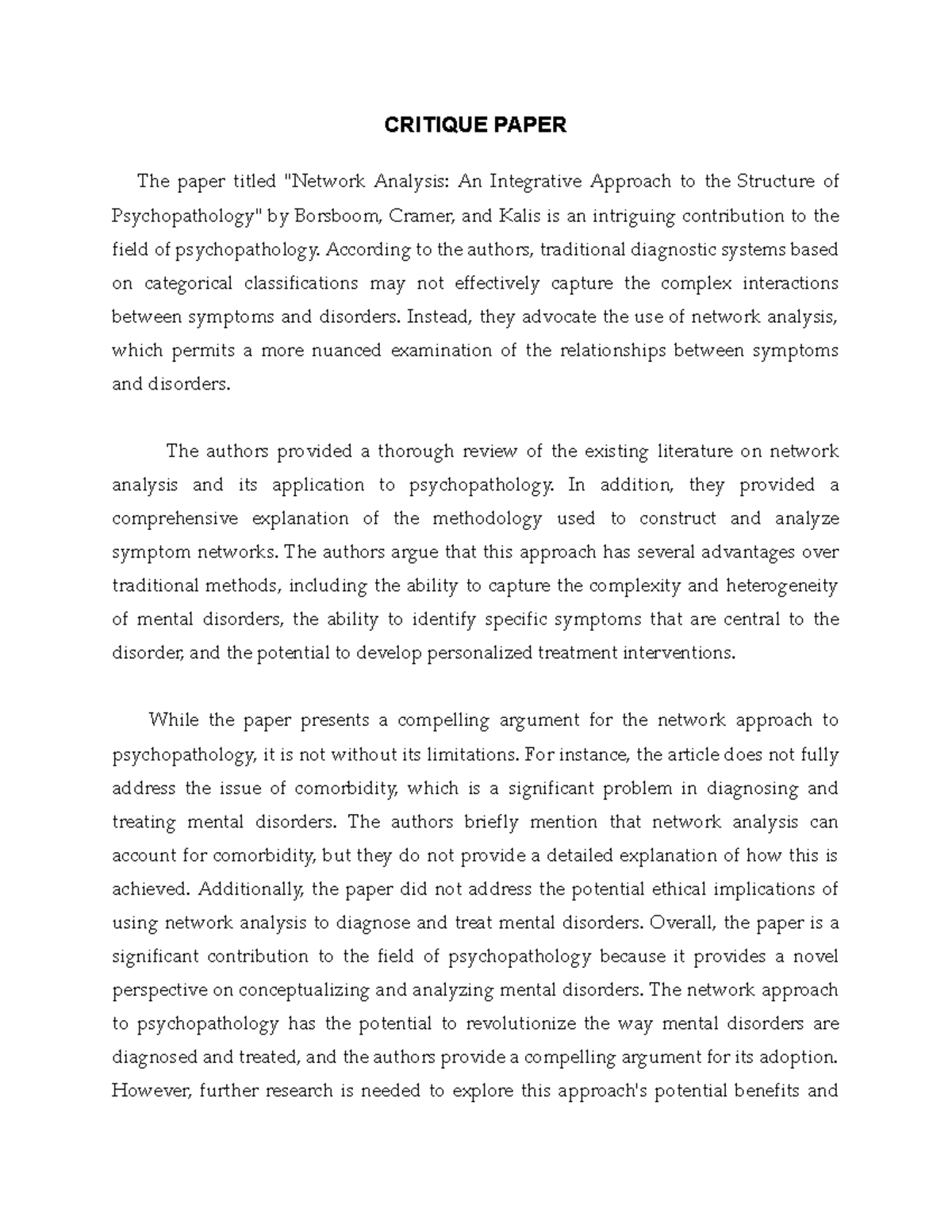Critique Paper- Ab Psych - CRITIQUE PAPER The paper titled "Network ...