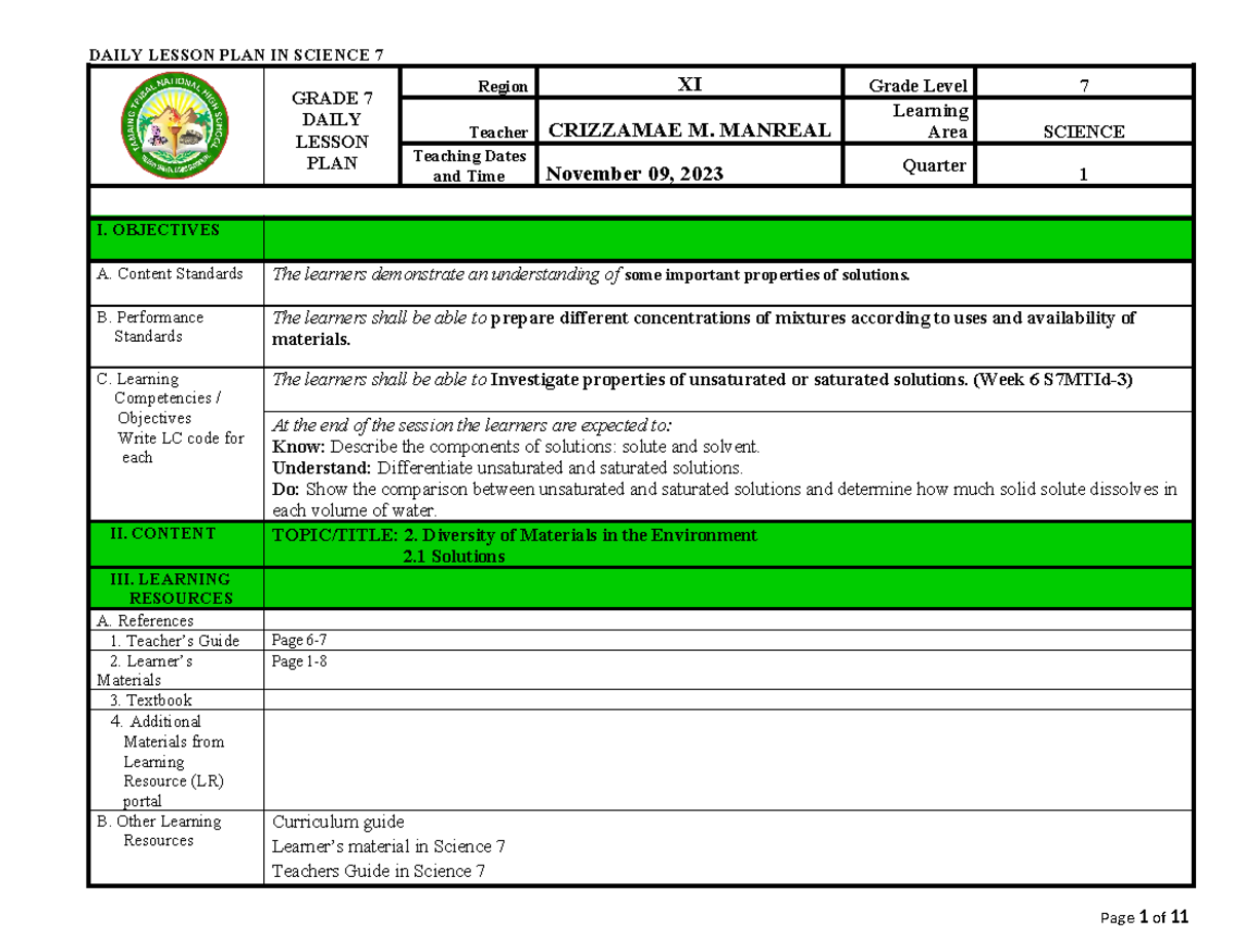 Class Observation 1-DLP - DAILY LESSON PLAN IN SCIENCE 7 GRADE 7 DAILY ...