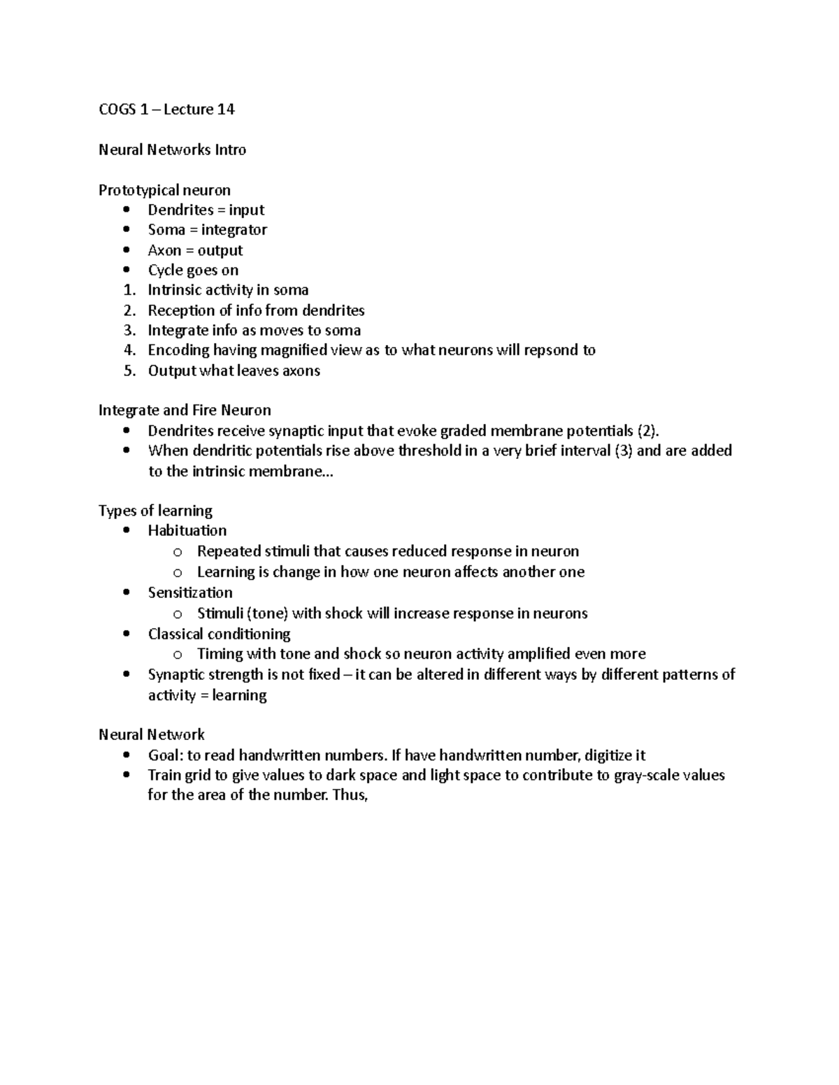 Cogs 1 Lecture 15 Cogs 1 Lecture 14 Neural Networks Intro Prototypical Neuron Dendrites