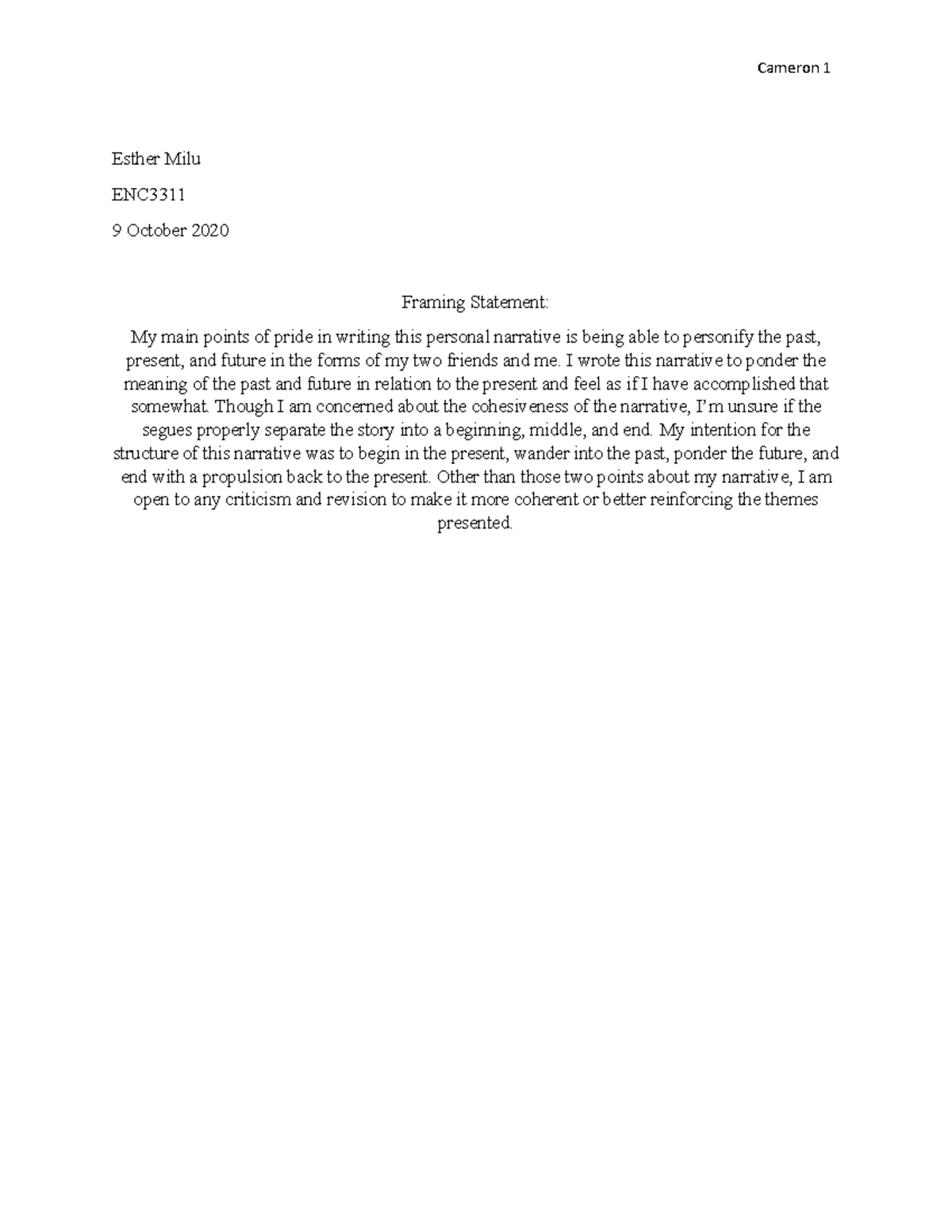 Personal Narrative Edited ENC3311 - Esther Milu ENC 9 October 2020 ...