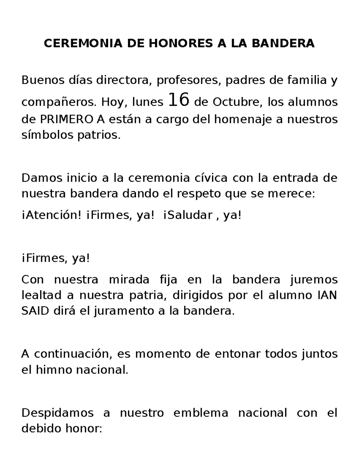 Formato de Programa de honores a la bandera - CEREMONIA DE HONORES A LA BANDERA Buenos días ...