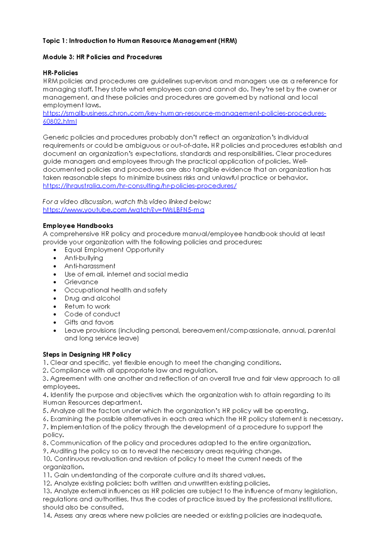 HR Policies and Procedures - Topic 1: Introduction to Human Resource ...