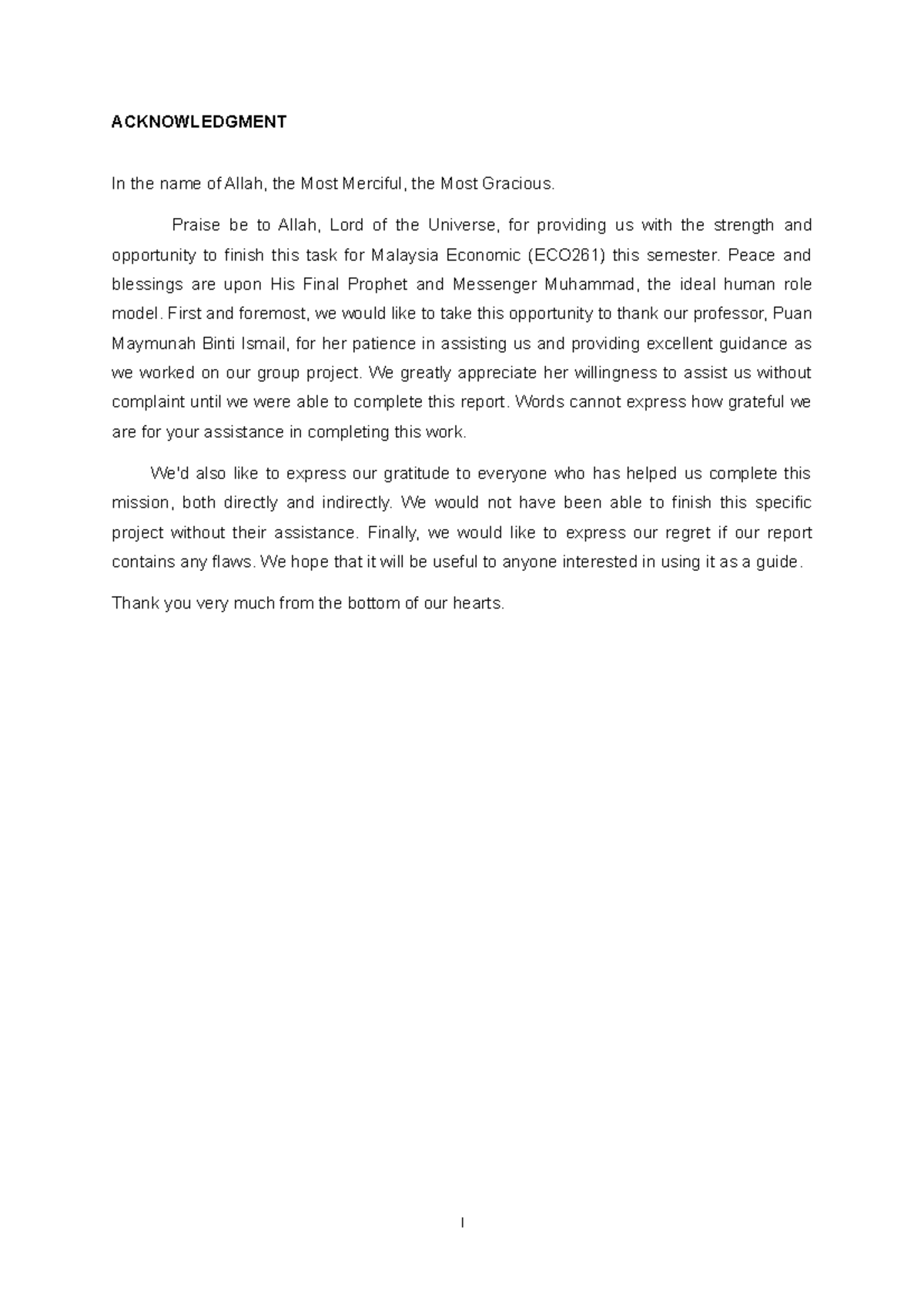 ECO 261 Group - eco261 - ACKNOWLEDGMENT In the name of Allah, the Most ...