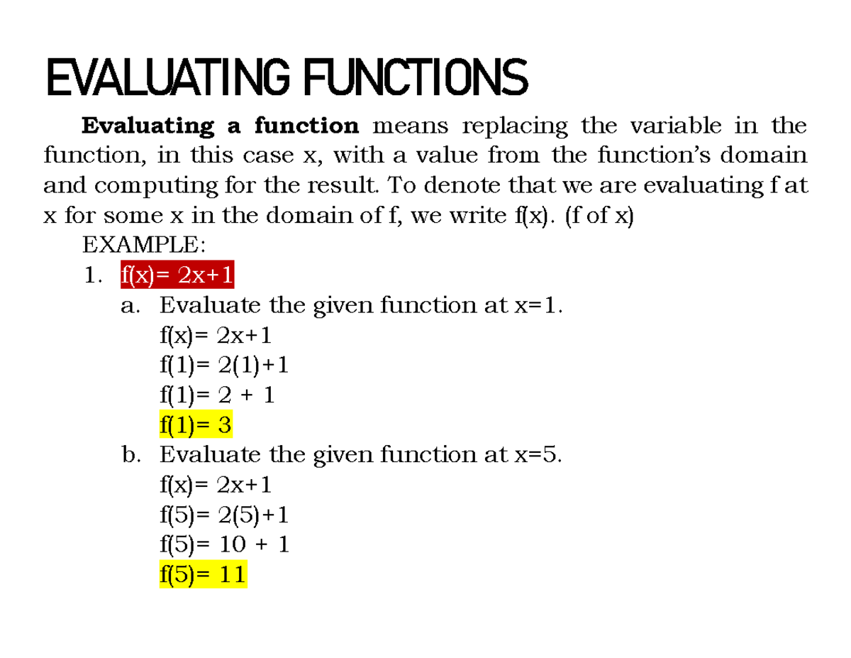 Lesson-2 Evaluating-Functions - EVALUATING FUNCTIONS Evaluating a ...