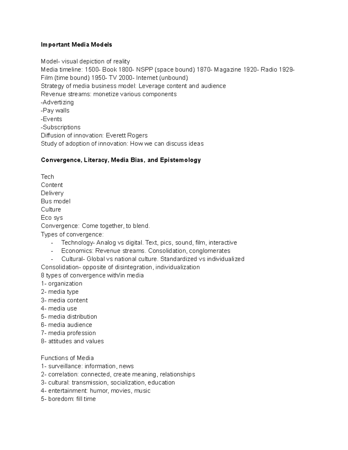 Mass Comms Notes - Important Media Models Model- visual depiction of ...