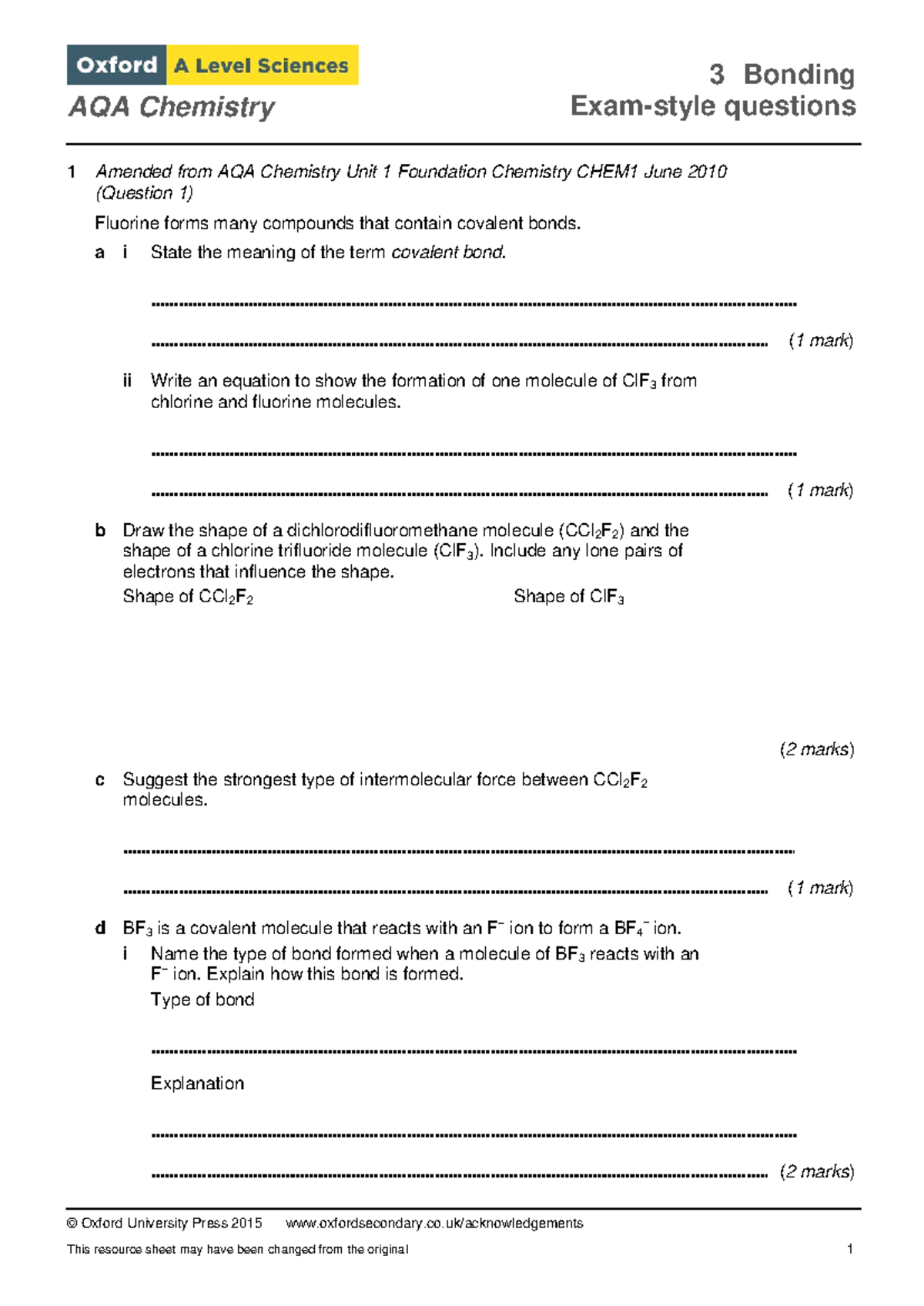 Bonding EOT Exam Qs - AQA Chemistry Exam-style questions 1 Amended from AQA Chemistry Unit 1 ...