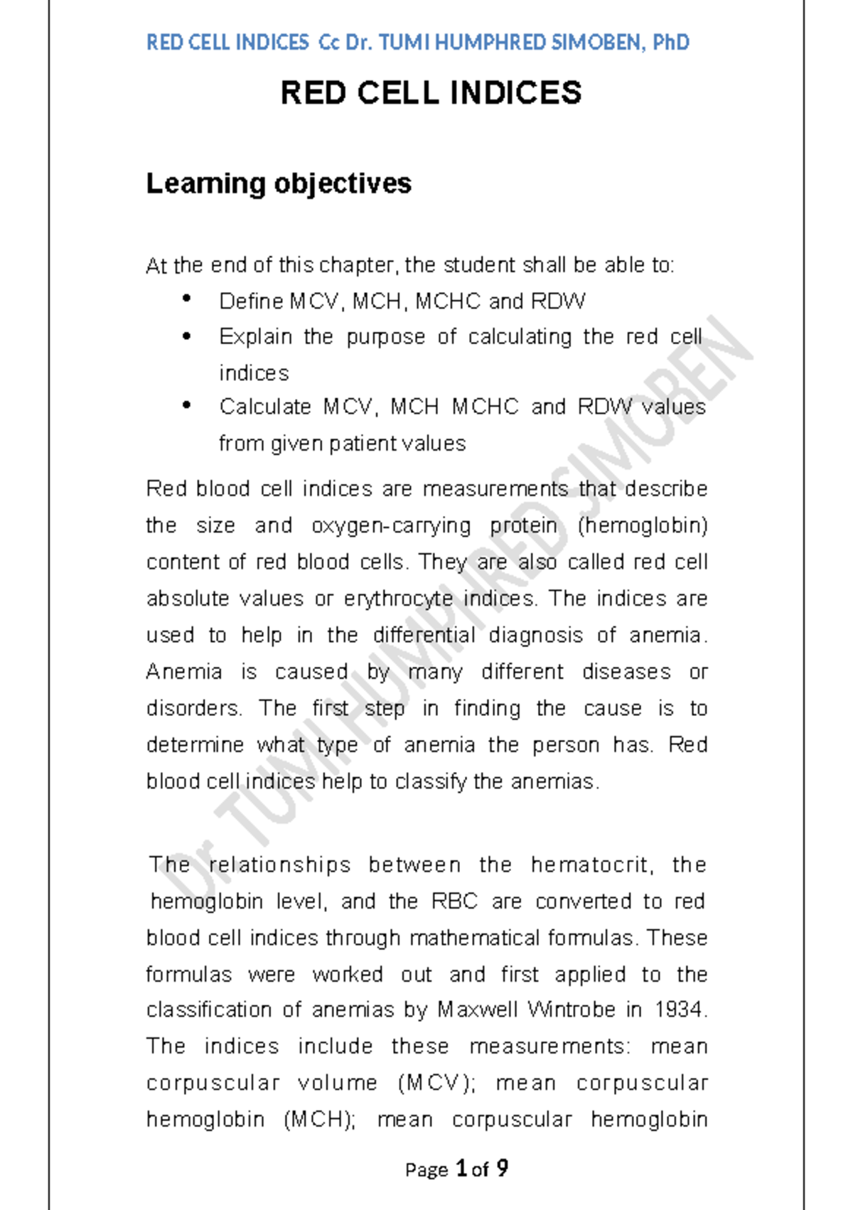 RED CELL Indices - Talks about red blood cells - RED CELL INDI CES Lea ...